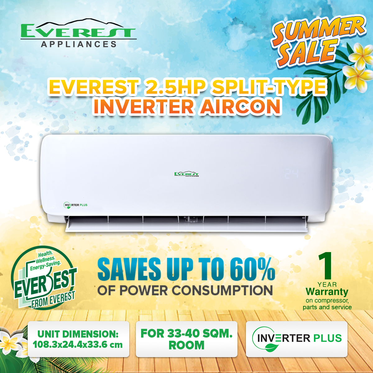 EVEREST - ETIV25STR3-HF - SPLIT TYPE WALL MOUNTED INVERTER PLUS AIRCON ...