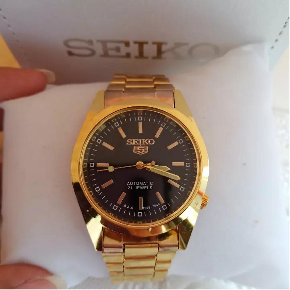 Seiko 5 Quartz Gold Black Dial Stainless Steel Watch for Women Free Box ...
