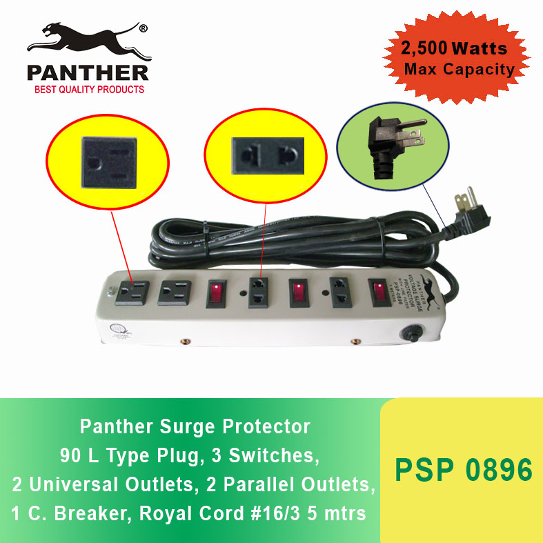 Panther PSP 0896 Extension Cord w/ Voltage Surge Protector 3 Switches ...