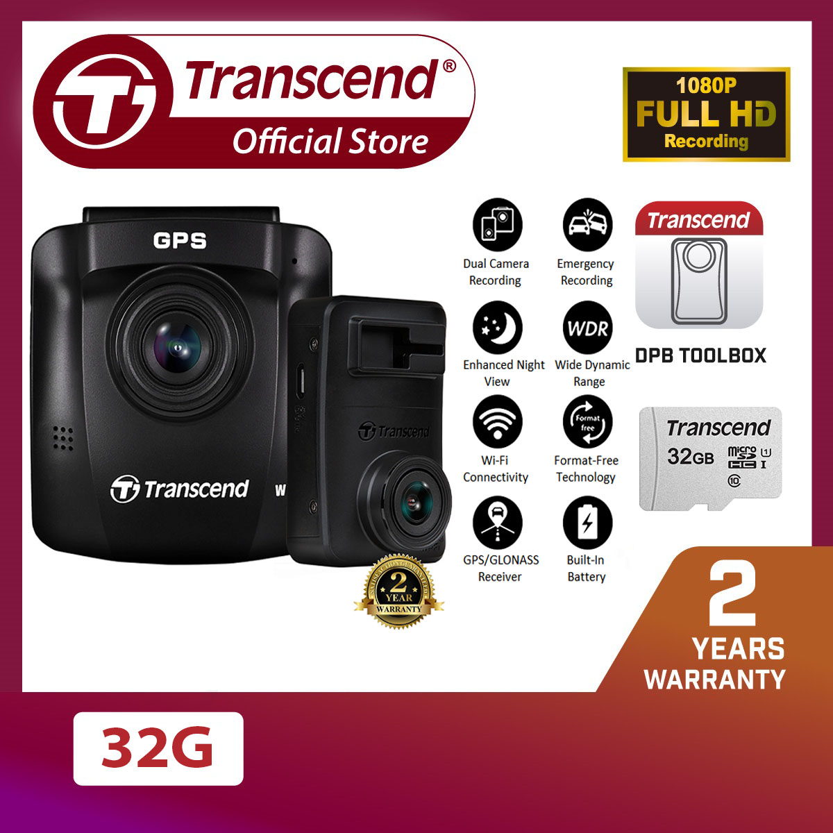 Transcend TS-DP620A-32G DrivePro 620 Dual 1080P Camera Dashcam | Dash ...