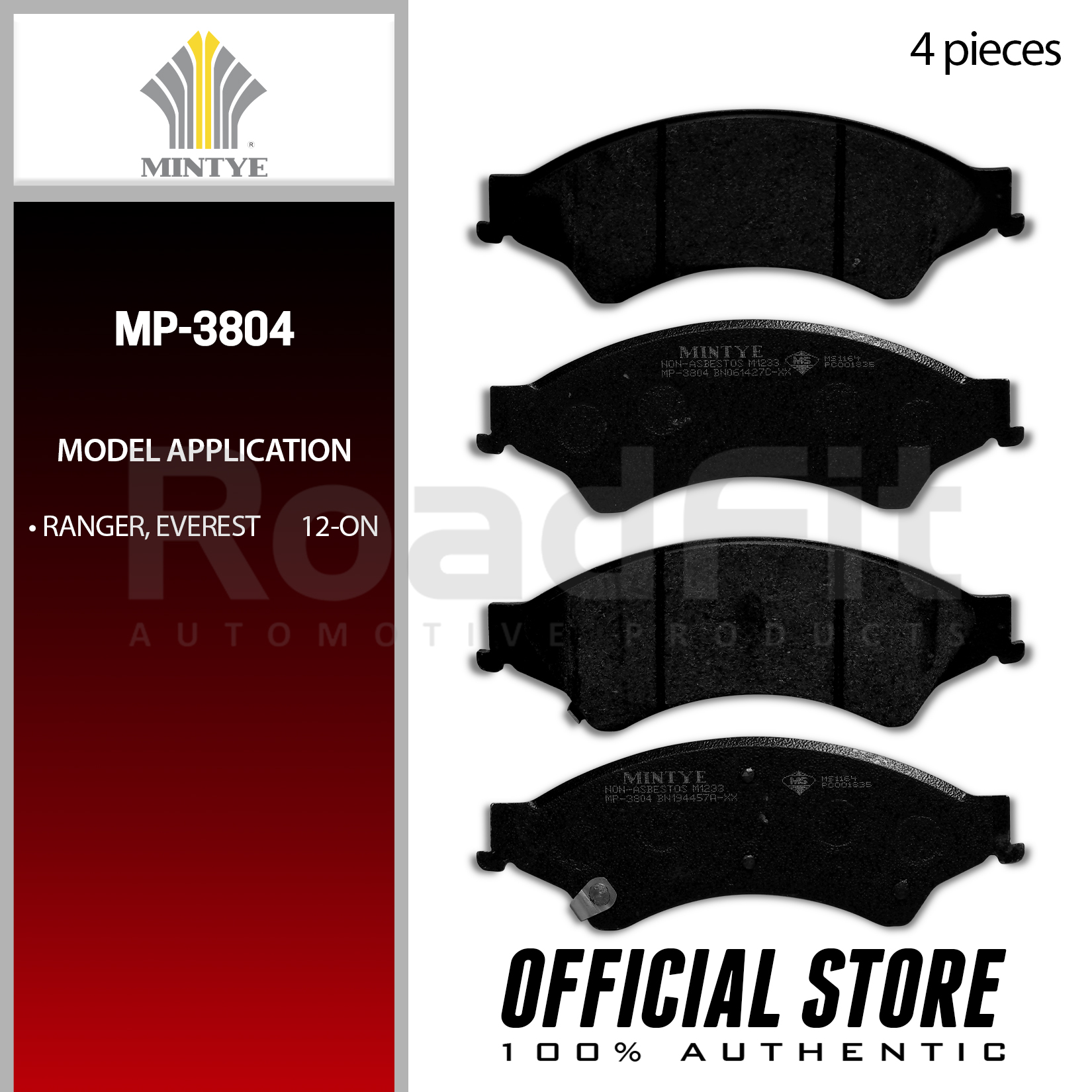 Mintye Brake Pads MP-3804 For Ford Ranger, Everest 2012-on, 4pcs, Front ...
