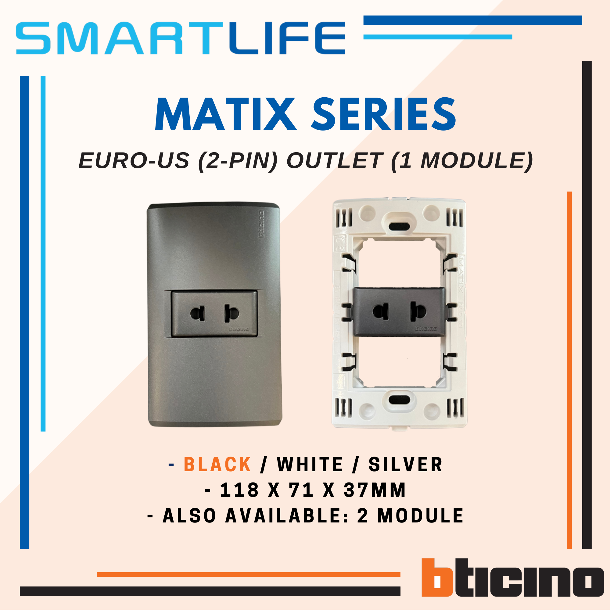 Bticino Matix 1 or 2 Gang 2-Pin Universal Socket Outlet Euro-US 16A ...