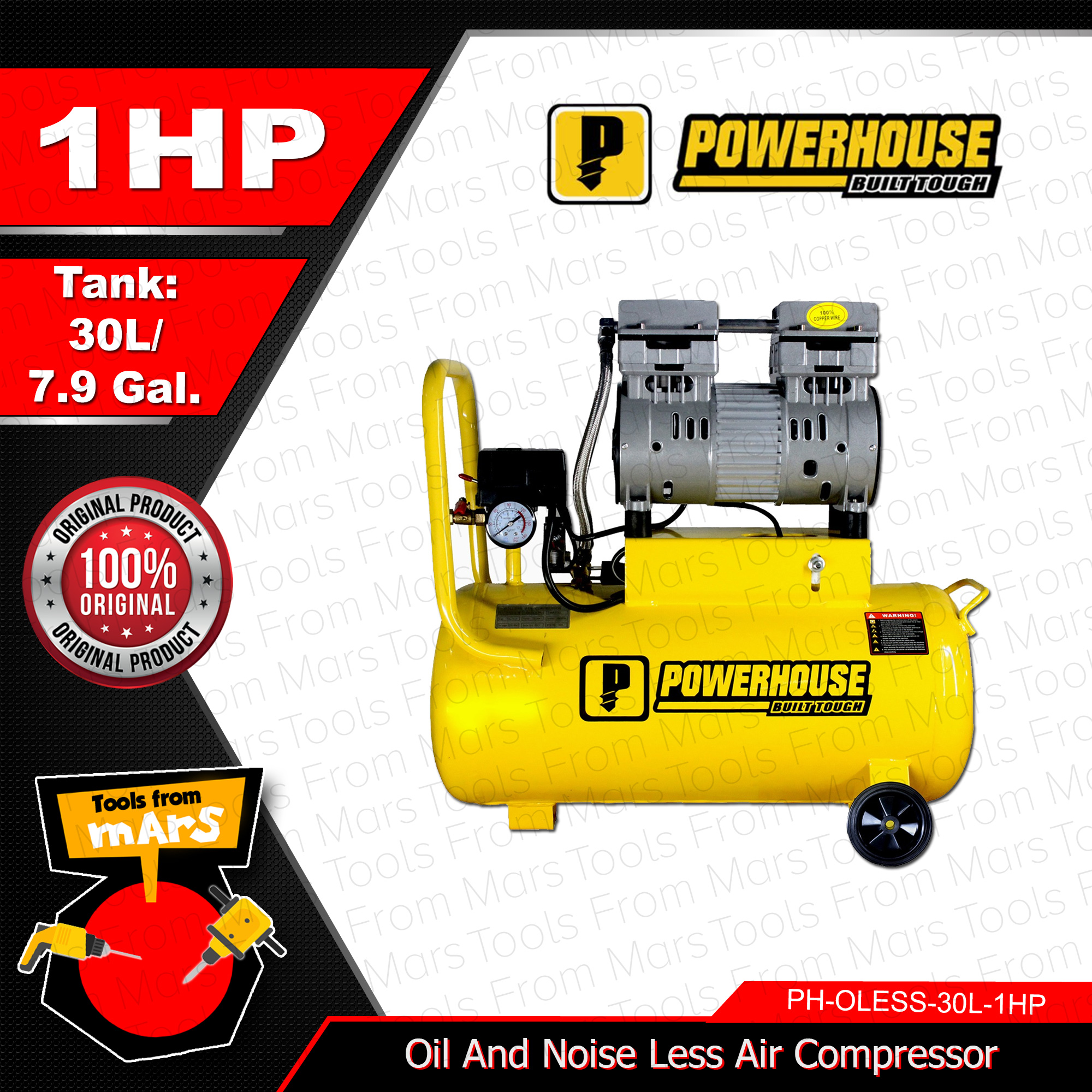 POWERHOUSE 30L Oil And Noise Less Air Compressor 30 Liters 1HP PH-OLESS-30L-1HP •TOOLS FROM MARS ...