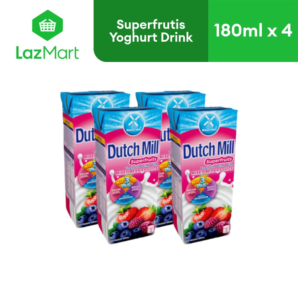 Dutch Mill UHT Yoghurt Drink Superfruits with 4 Mixed Berries Juice 180ml x 4 | Lazada PH