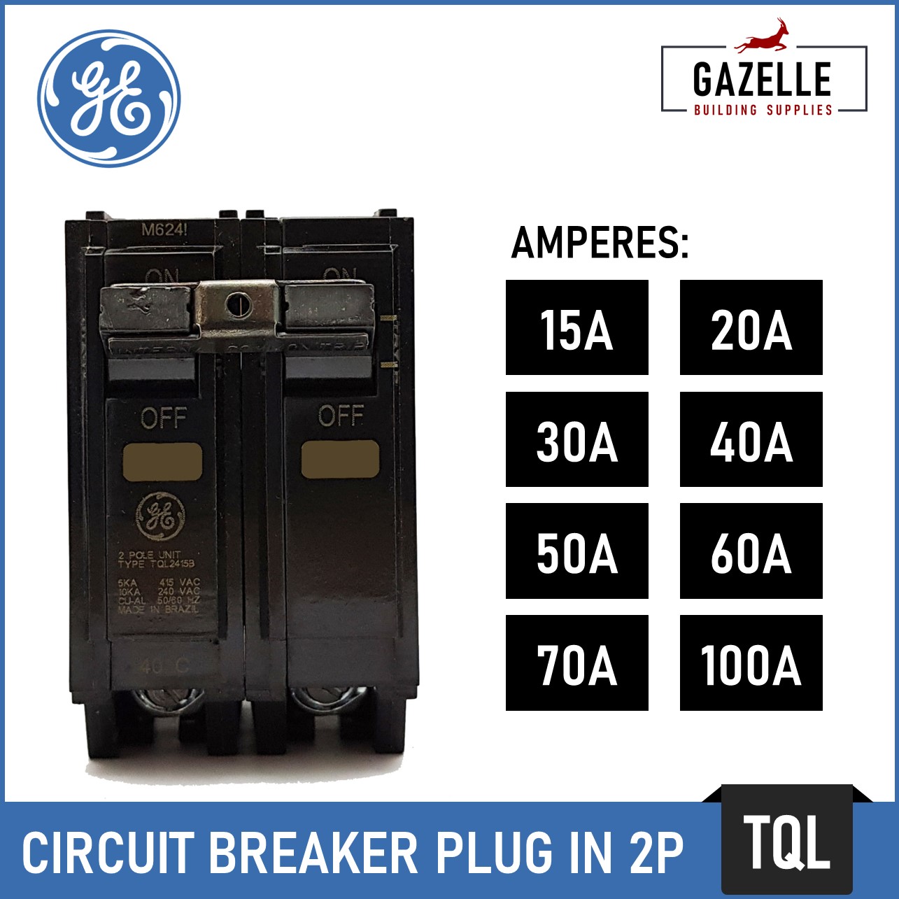 GE Circuit Breaker Plug In 2 Pole TQC - 40A Amps Amperes Panel Box Panel Board Plug-In General ...