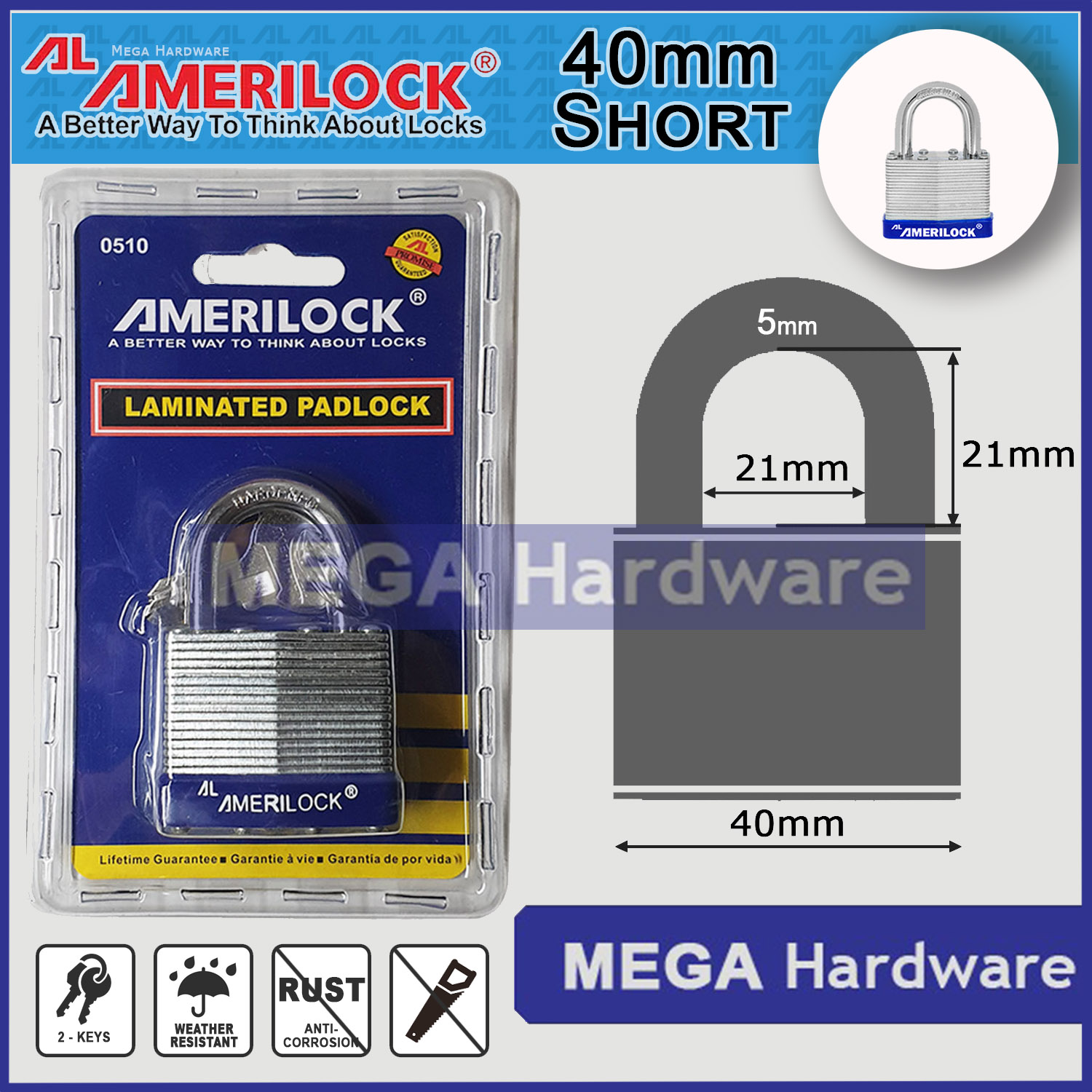 AMERILOCK Heavy Duty Padlock for gate - Laminated 30mm 40mm 50mm (Short ...