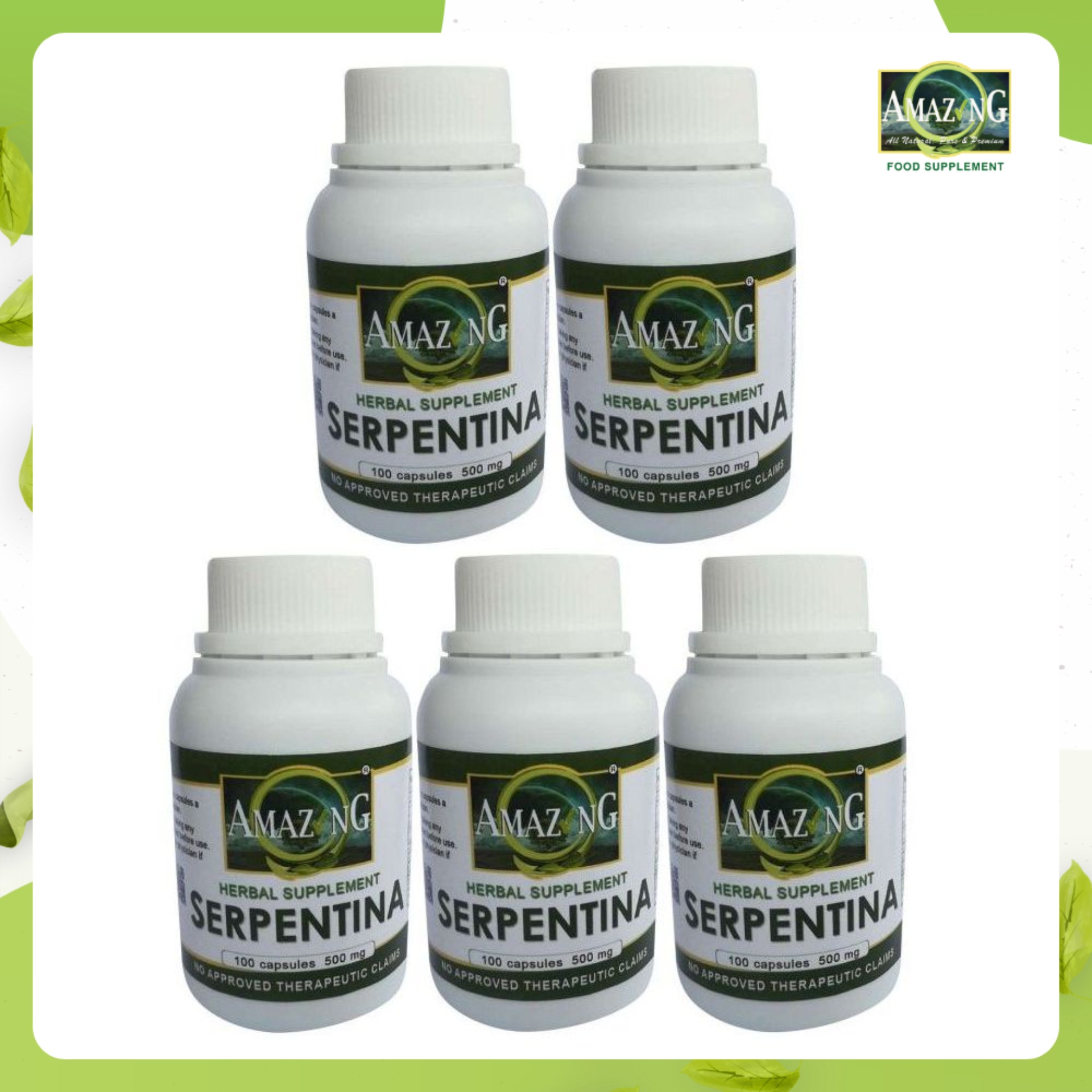 Amazing Food Supplement Serpentina 500mg Capsules Bottle of 100 Set of ...