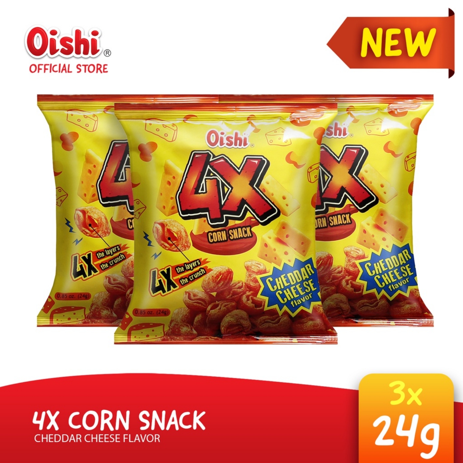 Oishi 4X Corn Snack Cheddar Cheese Flavor 24G x3 | Lazada PH