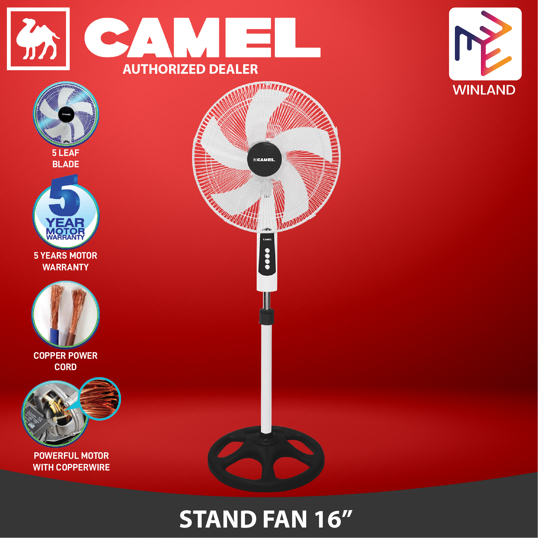 CAMEL by Winland CSF1610C 16 inch 5-Leaf Blade Banana Blade Stand Fan ...