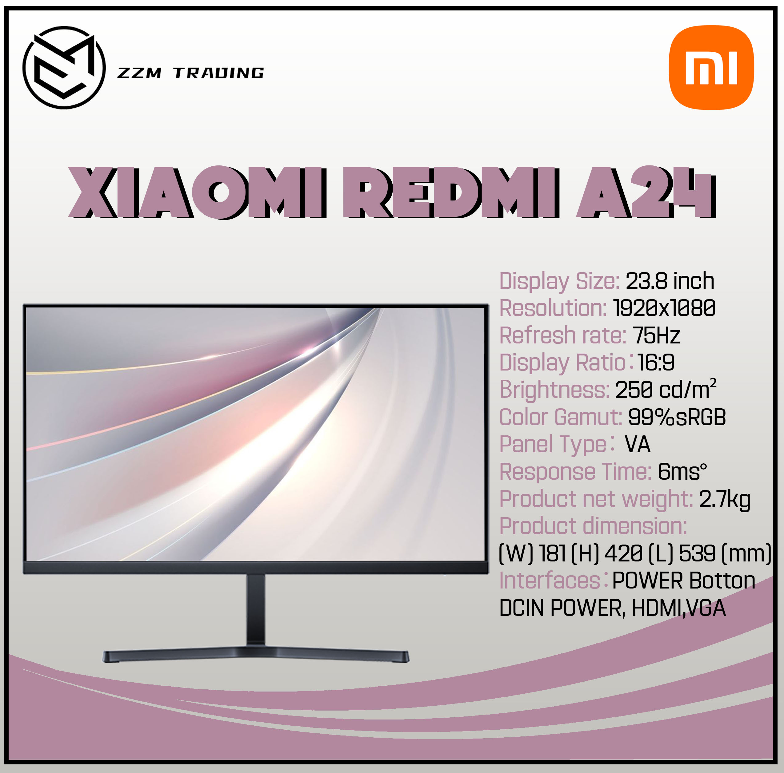 Xiaomi Redmi A24 Desktop VA Monitor 23.8" 1920x1080 99%sRGB 75hz 6ms 16 ...