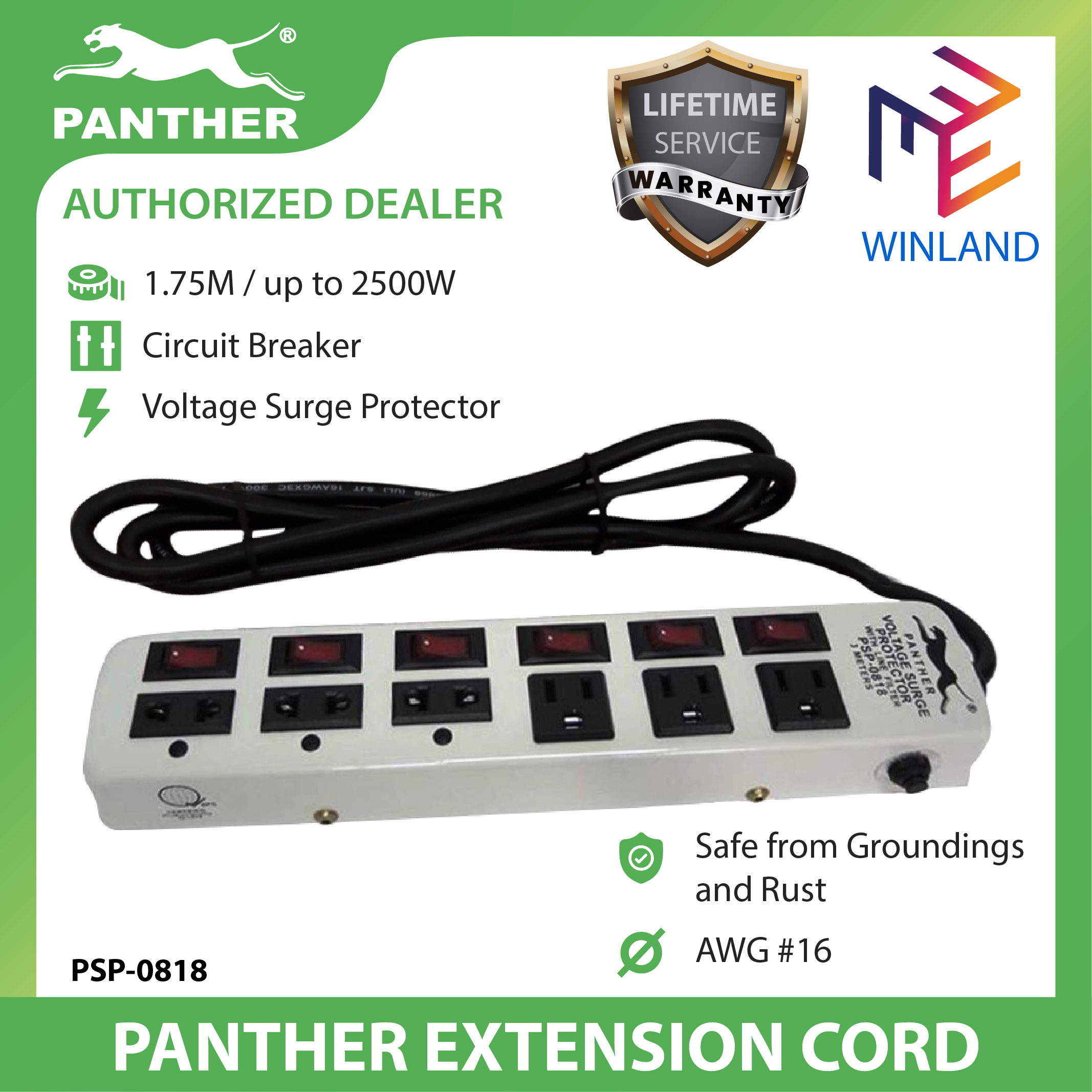 PANTHER by Winland Extension Cord Cable Wire with Surge Protector 6 ...