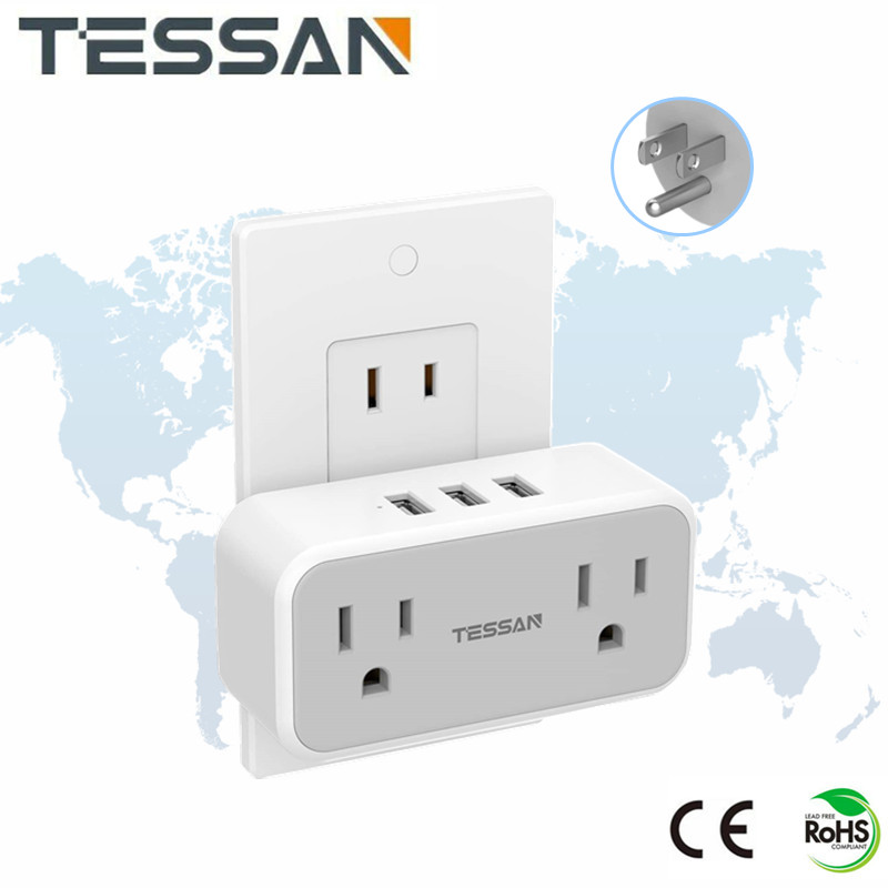 TESSAN Multi Plug Wall Charger 3 Prong Plug Adapter Extender with 3 USB ...