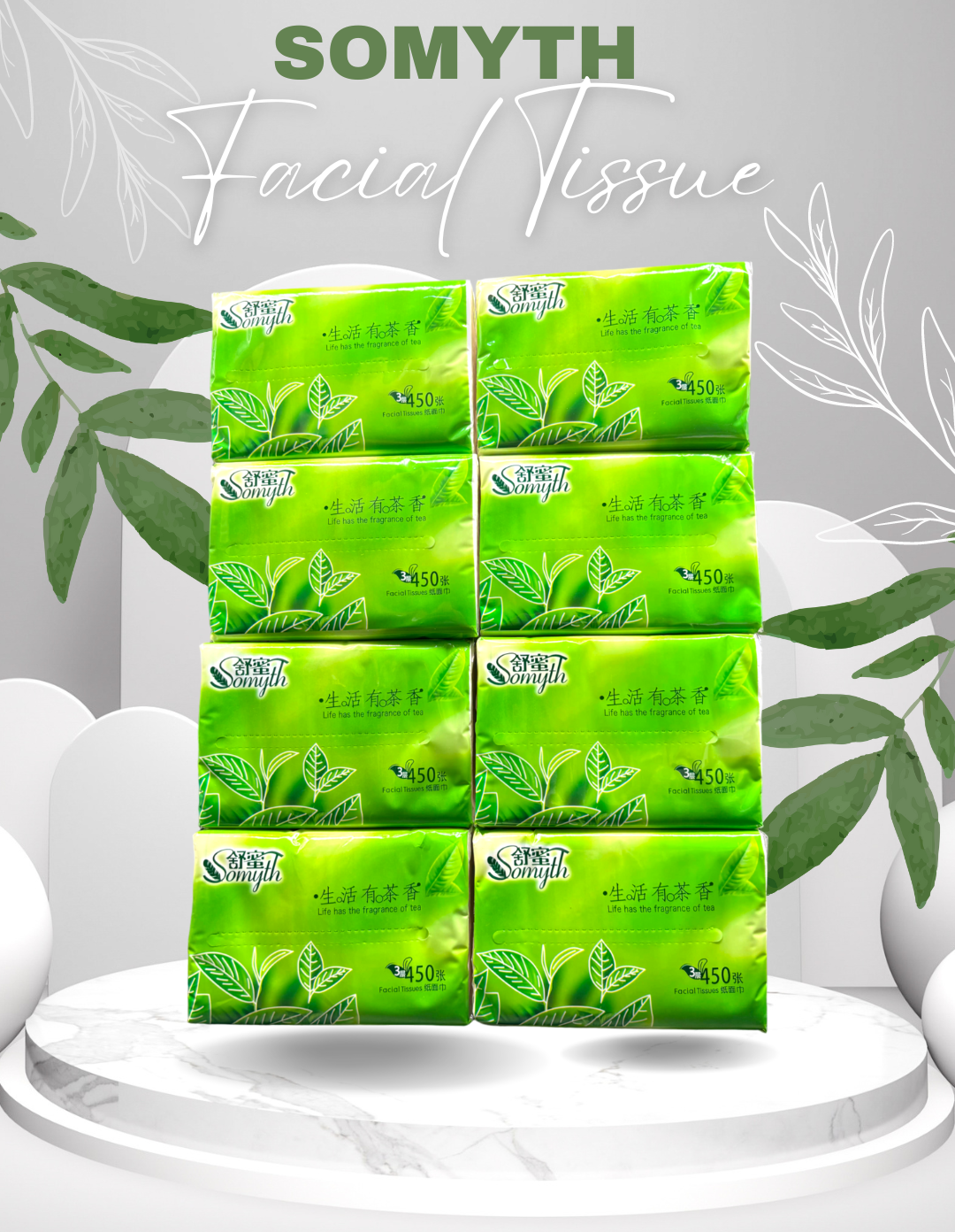 SOMYTH FACIAL TISSUE ORGANIC GREEN TEA 450 SHEETS 8PC/PACK - 3PLY ...