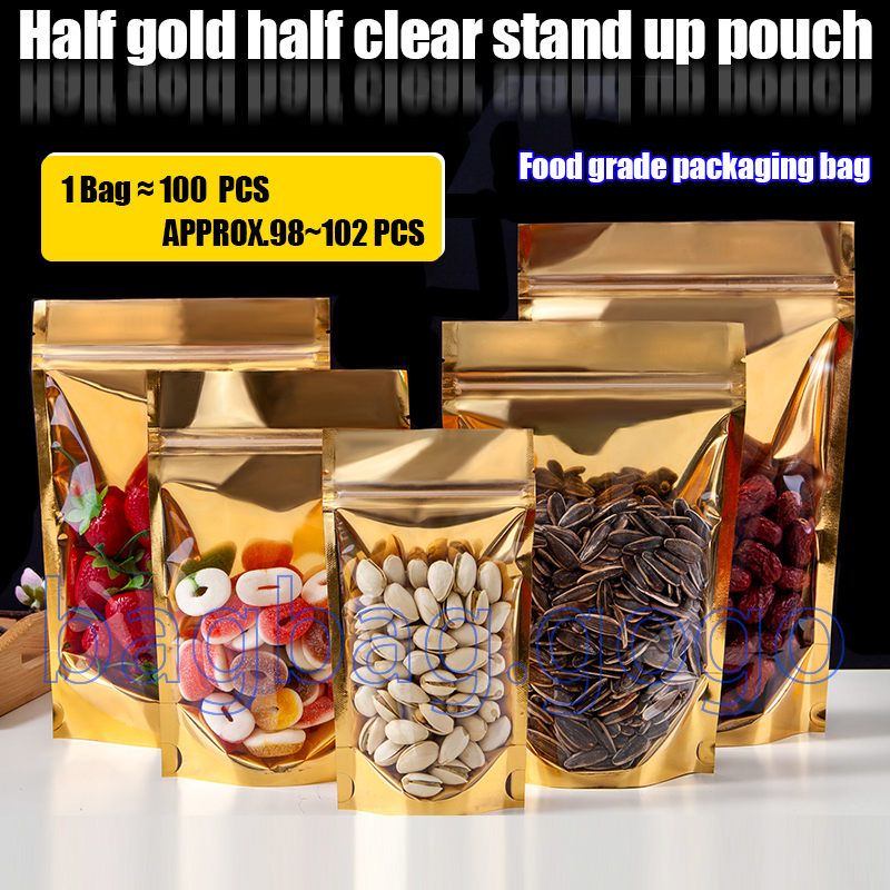 100PCS Food seal pocket/Half Gold Aluminum Half Clear Stand Up Pouch ...