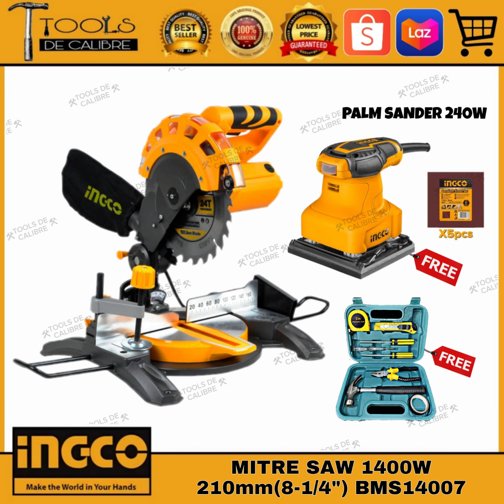 INGCO Mitre Saw 1400W 8-1/4" BMS14007 w/ FREE Palm Sander 240W & ToolSet | Lazada PH
