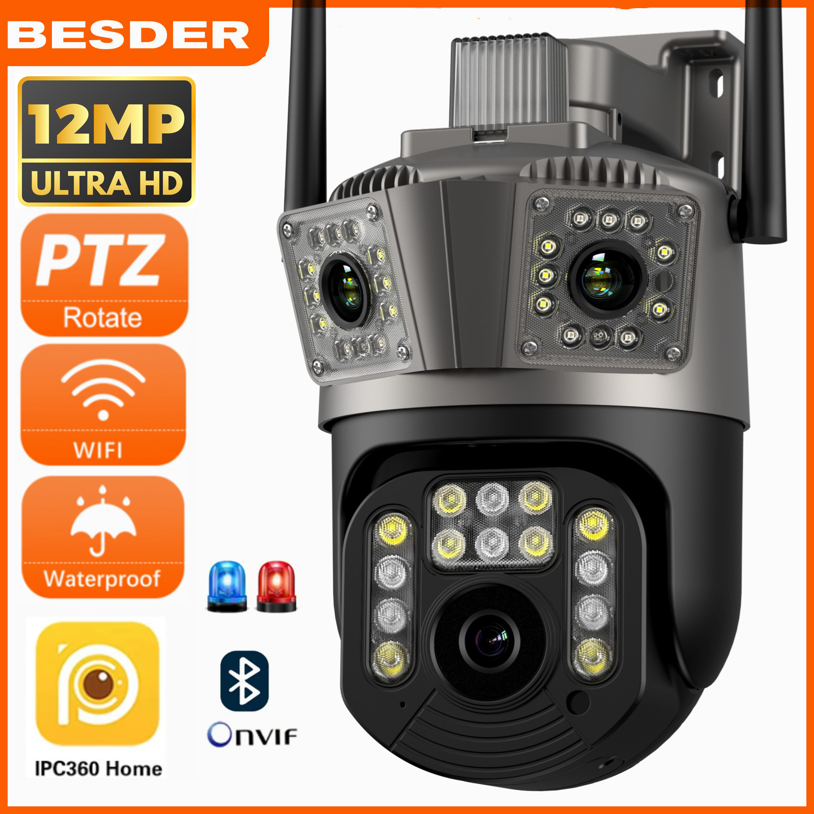 BESDER CCTV Camera 12MP PTZ Wifi IP Camera With 3 Lens & 3 Screens Ai Auto Tacking Video ...