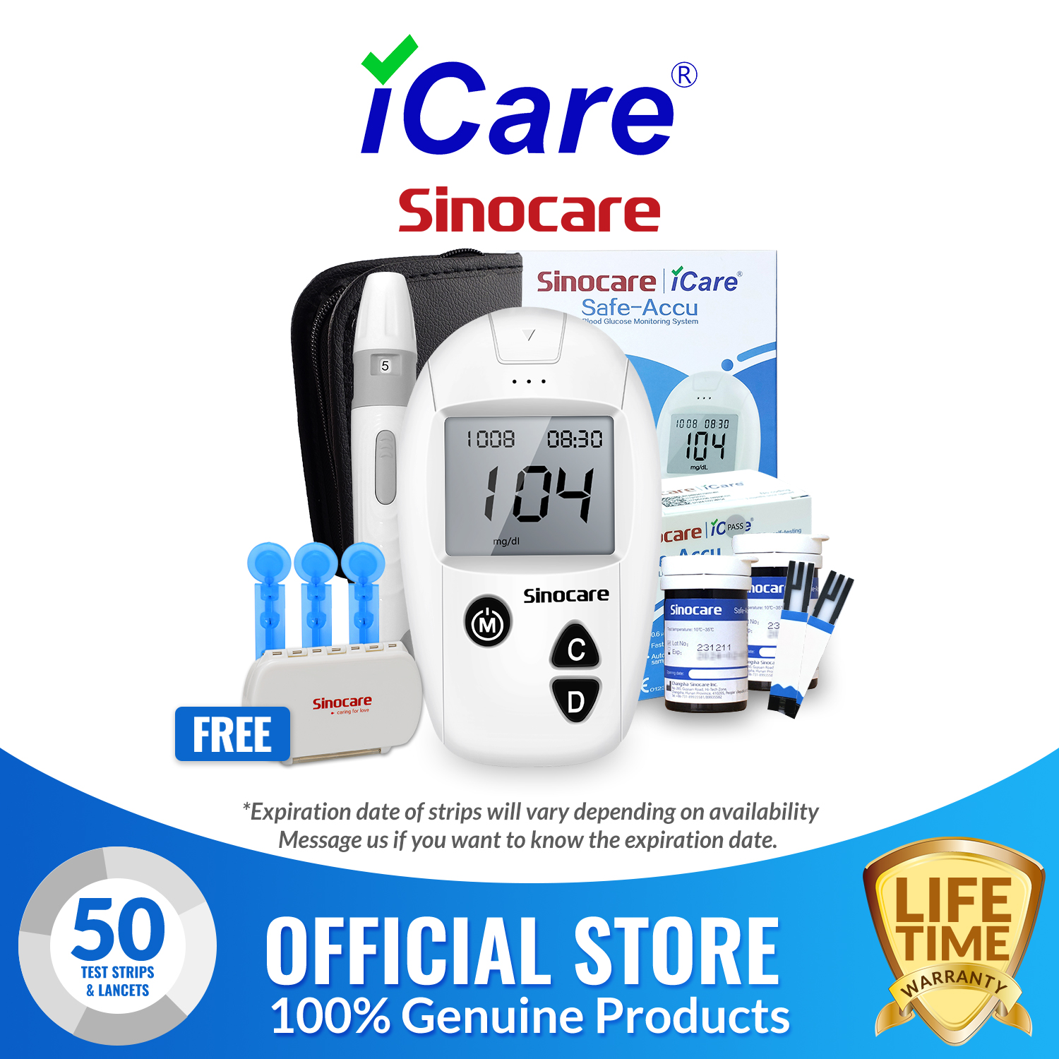 iCare SA50 Safe Accu Blood Glucose Meter with 50 Test Strips and 50 ...