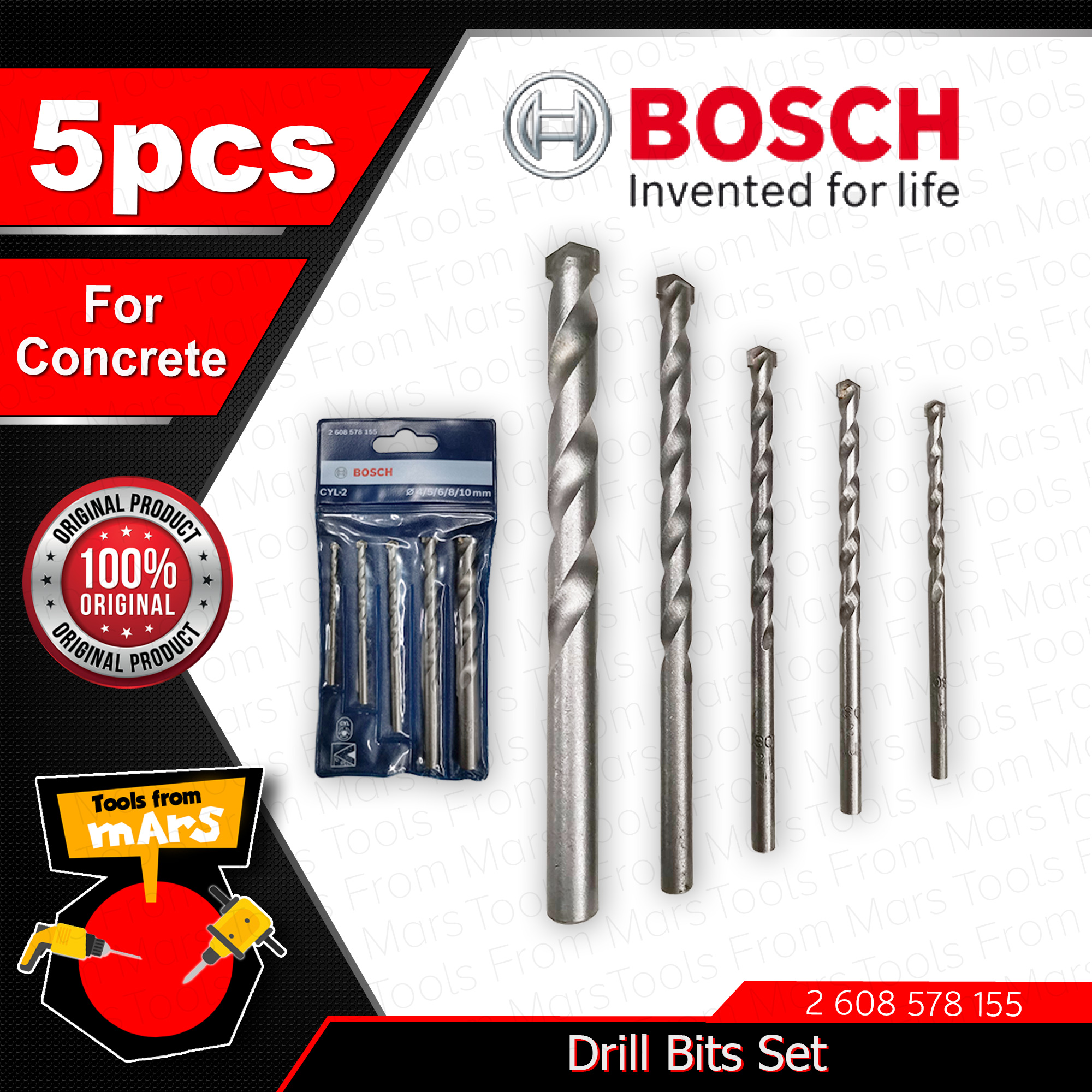 BOSCH 5pcs/Set Masonry Drill Bit 4mm 5mm 6mm 8mm 10mm CYL-2 Concrete ...