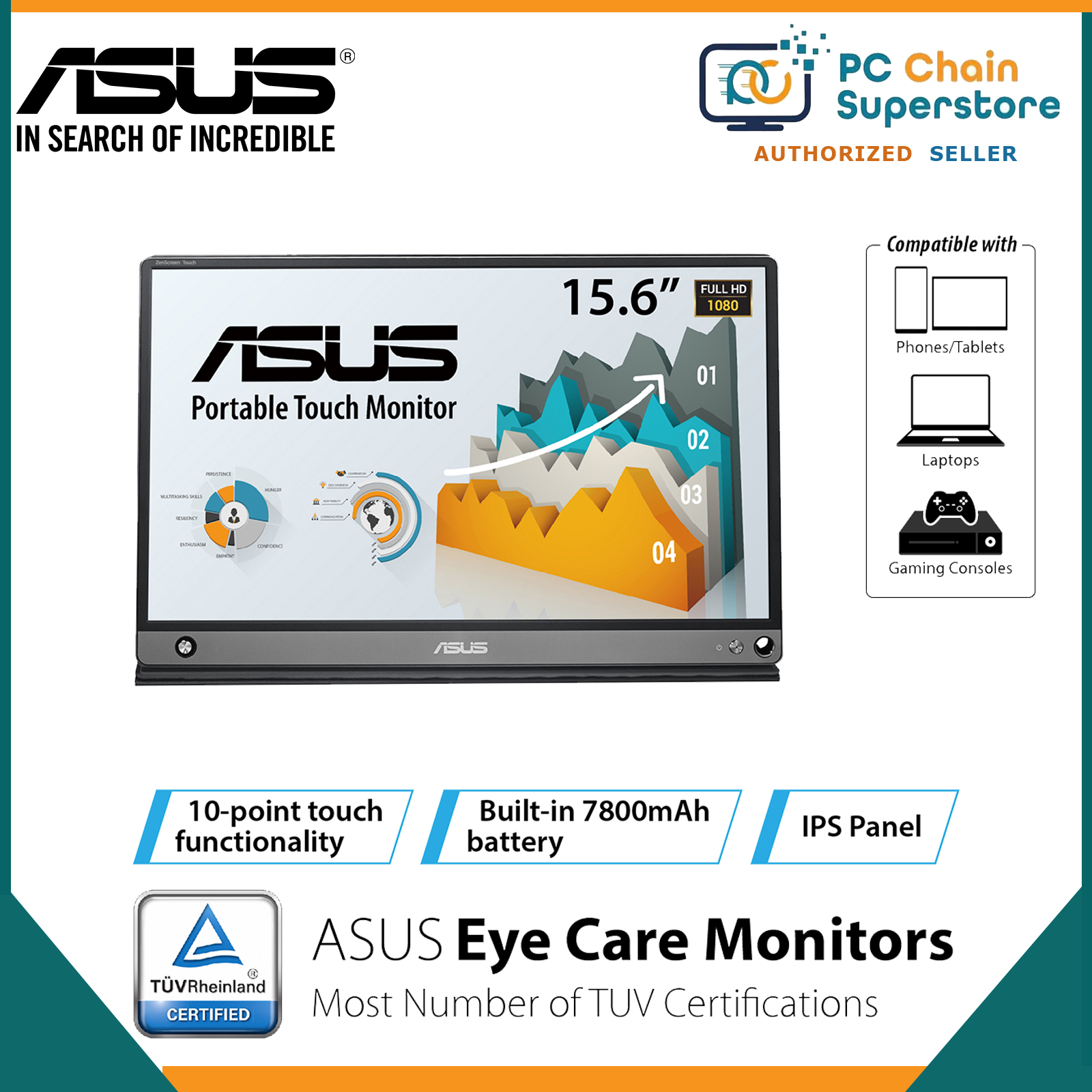 ASUS ZenScreen Touch MB16AMT USB portable monitor — 15.6-inch, IPS ...