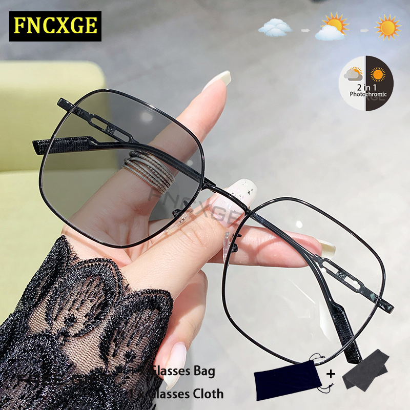 FNCXGE ยตาสั้นเลนส์ออโตเมติก แว่นตากรองแสง 0.0 ถึง -5.0 ผู้หญิง ผู้ชาย แฟชั่น โลหะ แว่นทรง ...