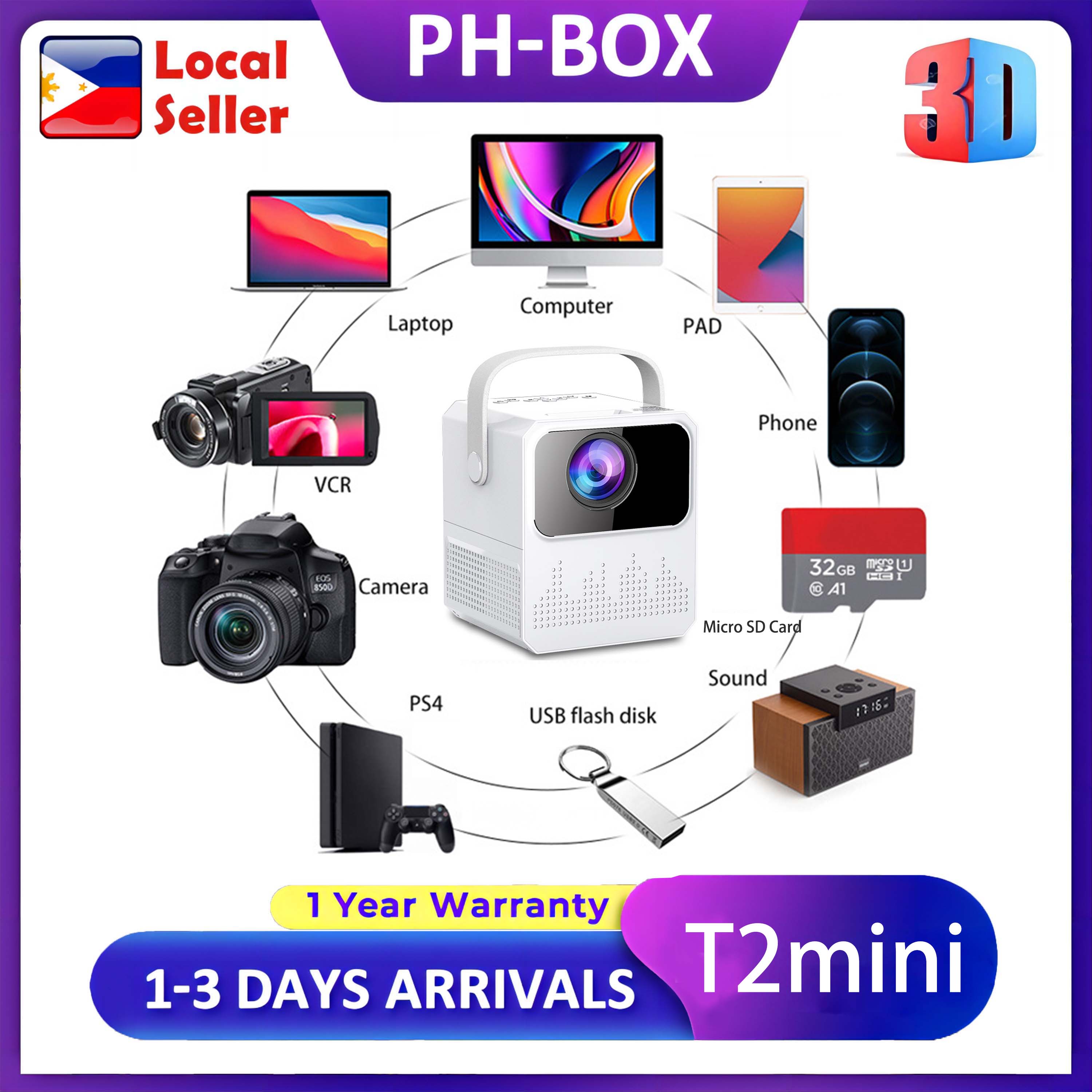 Projector T2mini Portable Smart Mini 6000 Lumens 1080P＋3D Bluetooth ...