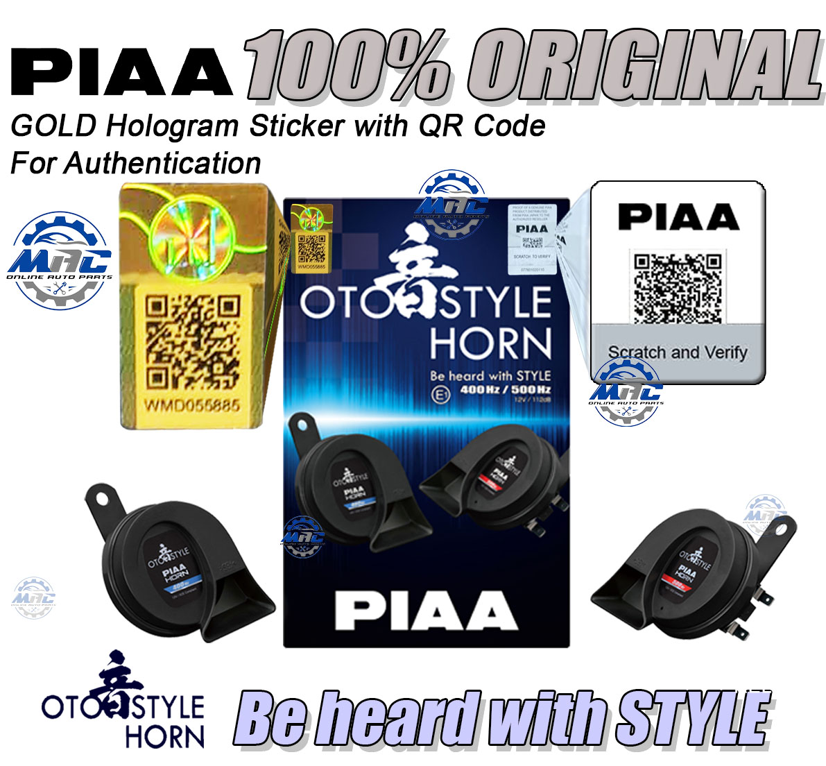 PIAA OTO STYLE HORN with HOLOGRAM STICKER 400Hz / 500Hz. 100% ORIGINAL with GOLD and Silver QR ...