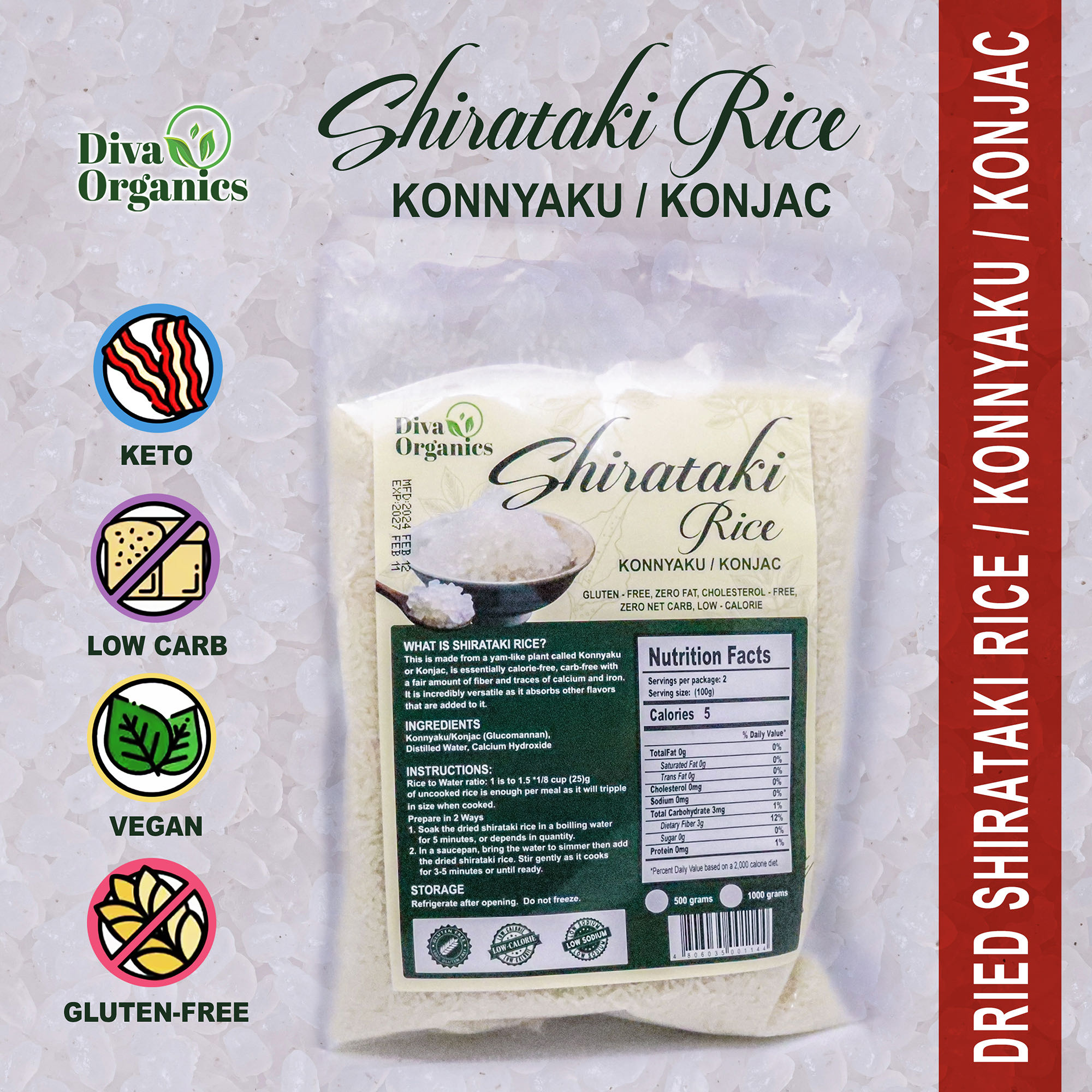 Dry / Dried Shirataki Rice and Noodles Konjac Keto / Low Carb Diet ...