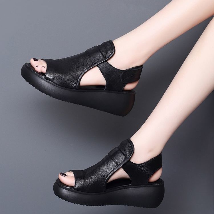 Fish Mouth Sandals Women 2021 New Black Hollow Velcro Trifle Sole Roman ...
