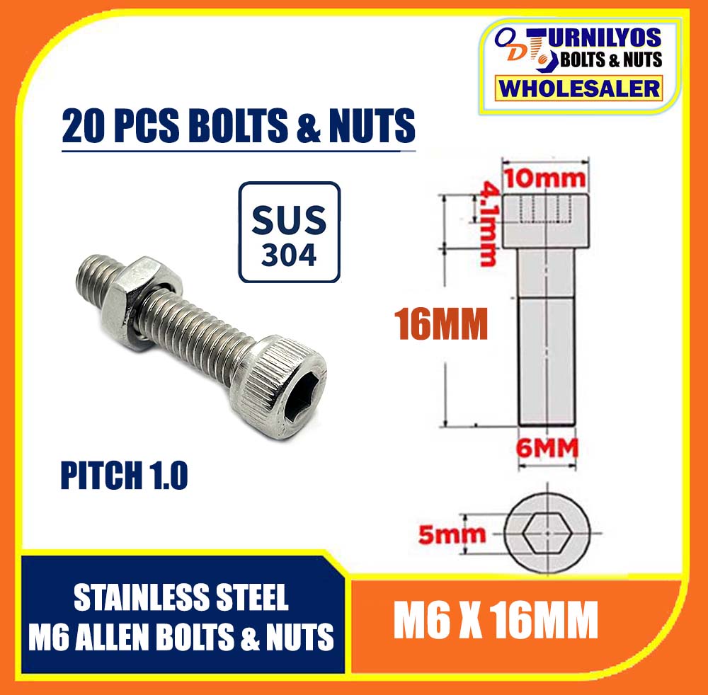 20 SETS STAINLESS M6 ALLEN BOLTS AND NUTS PITCH 1.0 | Lazada PH