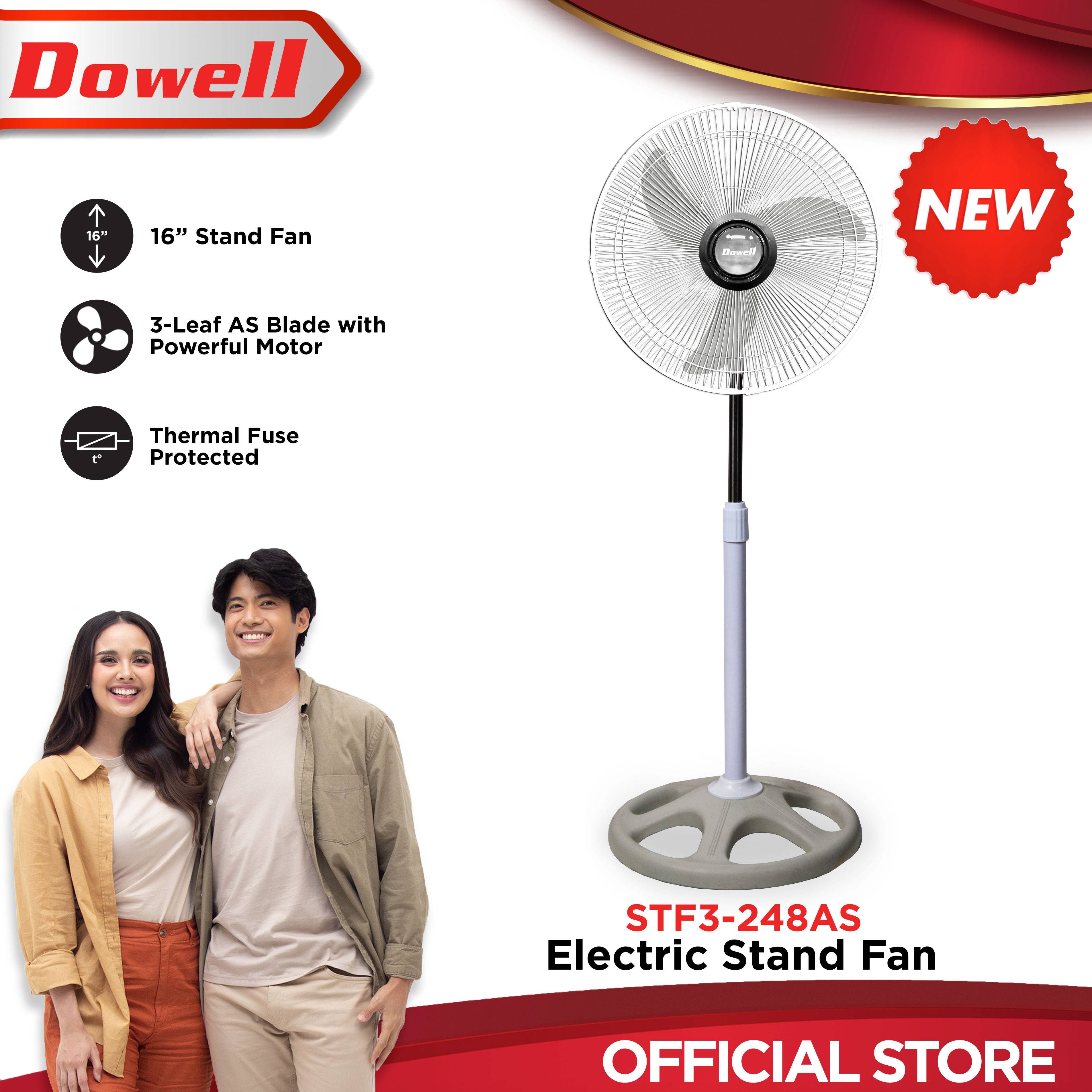 Dowell STF3-248AS 16" Stand Fan with Powerful Motor and Thermal Fuse ...
