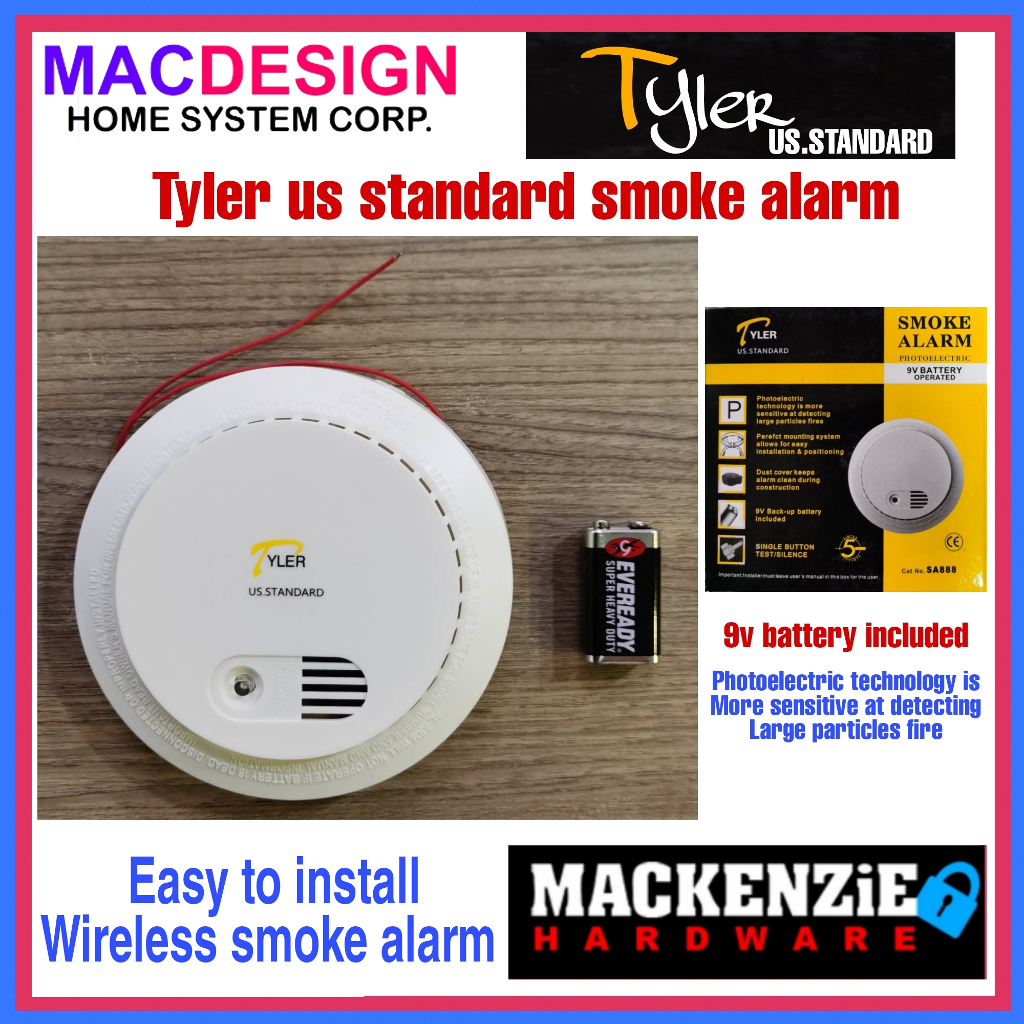 TYLER US STANDARD SMOKE ALARM PHOTOELECTRIC TECHNOLOGY 9V BATTERY ...