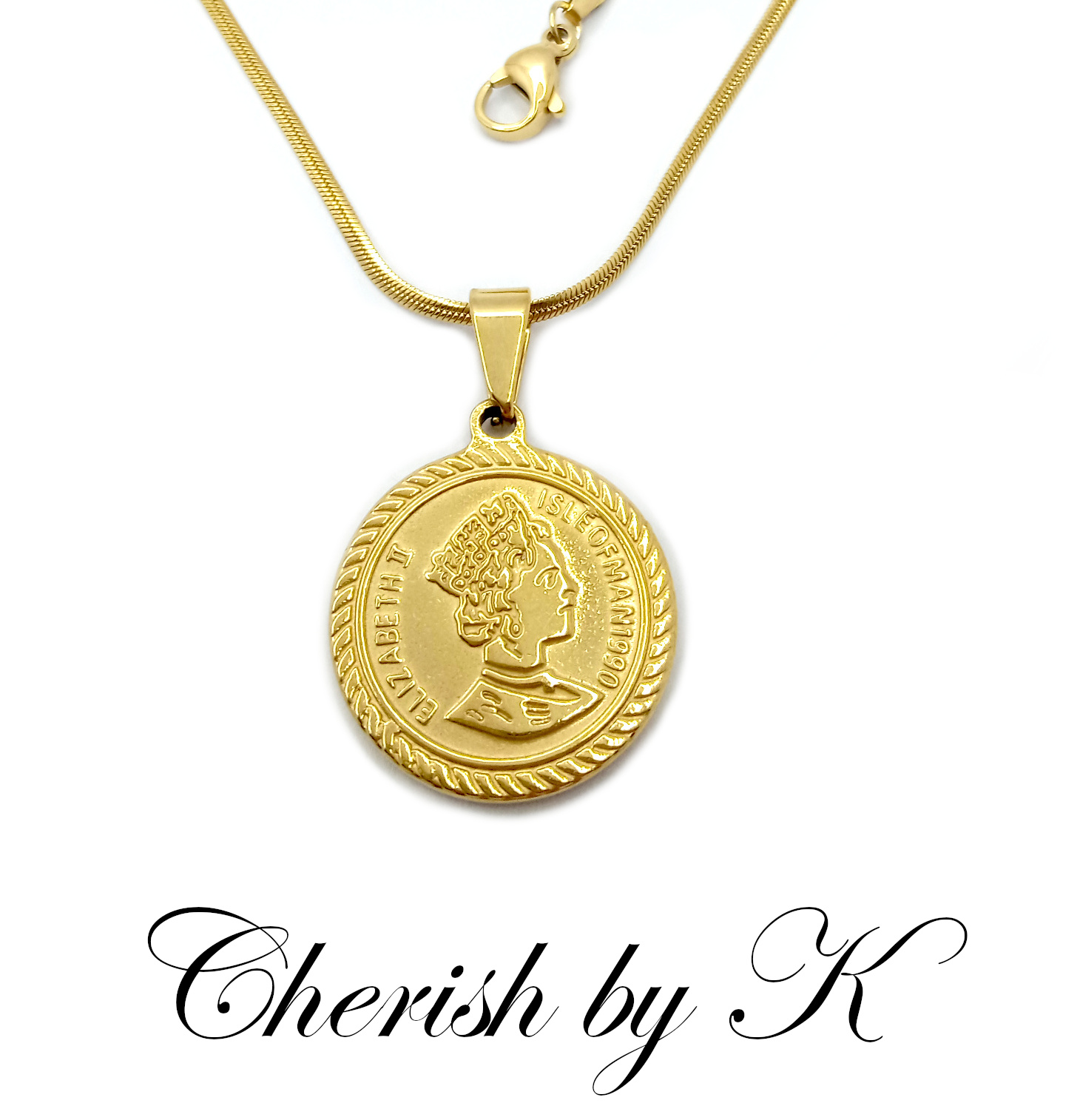Queen Elizabeth Embossed Pendant Necklace Stainless Steel 18K Gold ...