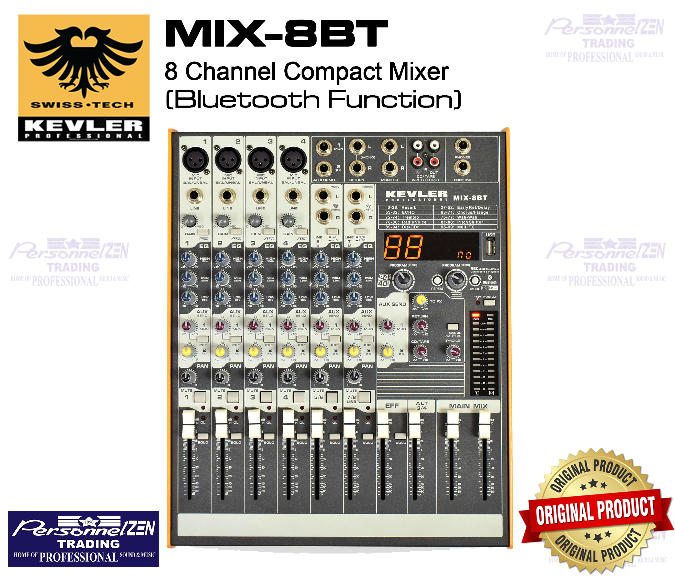 Kevler MIX-8BT Professional 8 Channelr 4 Mic / Line 2 Aux Mixer with 24 ...