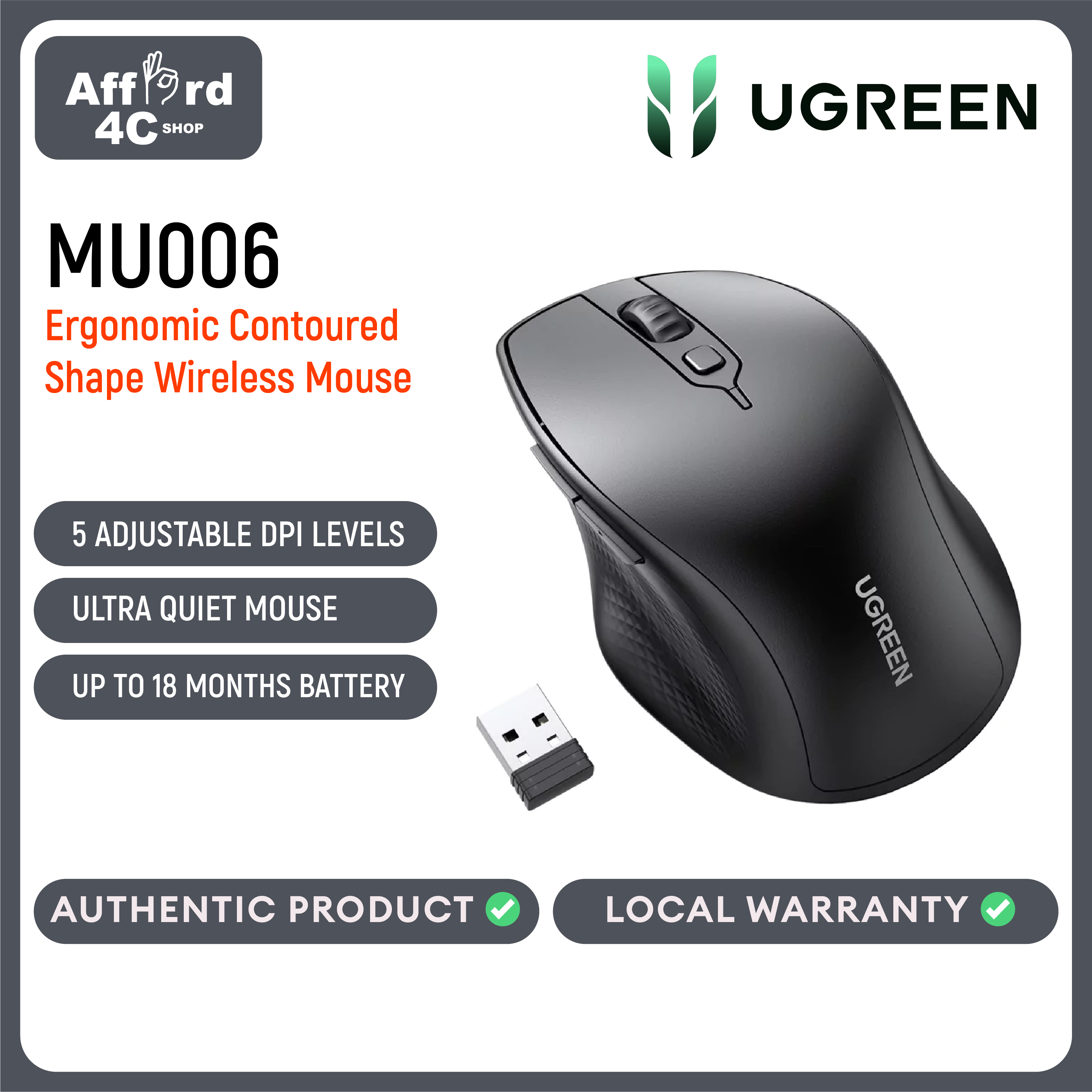 Ugreen Ergonomic Contoured-shape Design Wireless Mouse 2.4GHz&BT ...