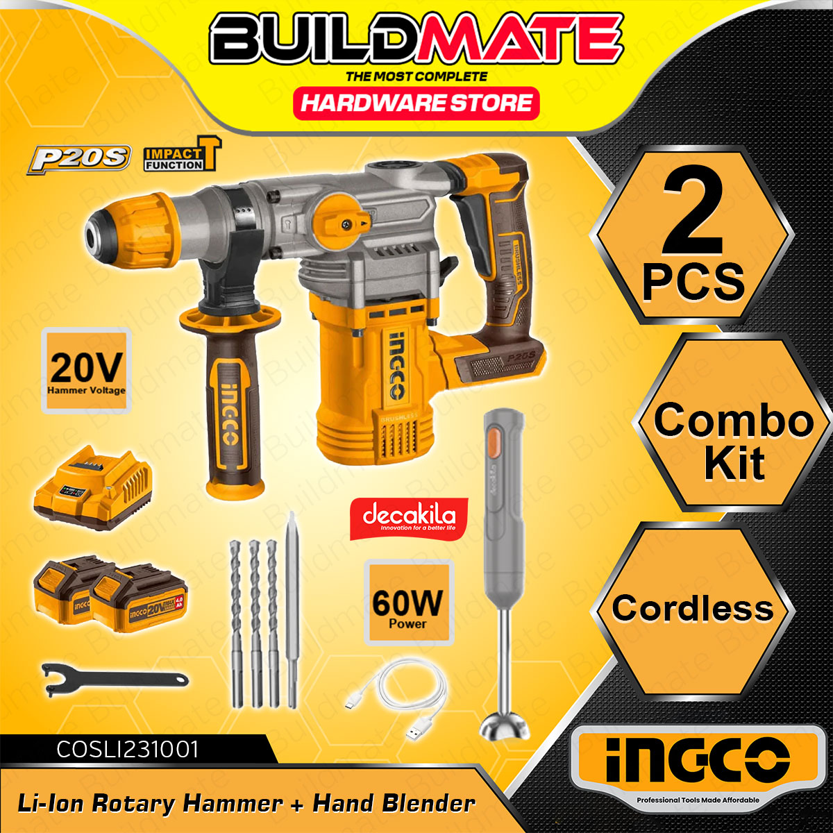 BUILDMATE Ingco 20V Li-Ion Cordless Rotary Hammer with Hand Blender ...