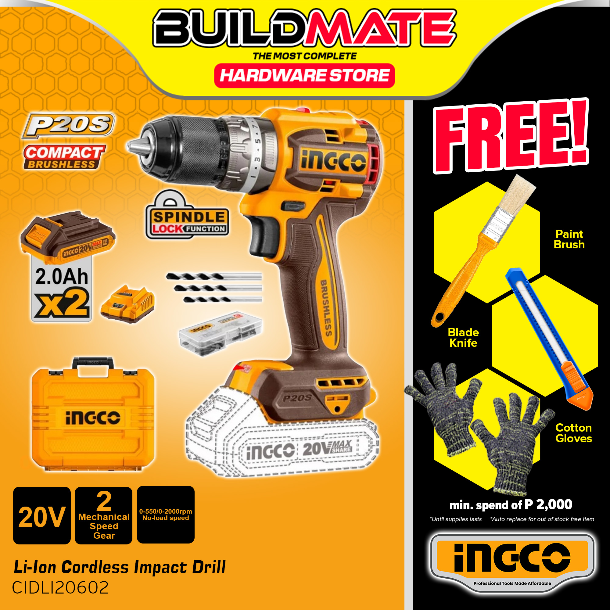 BUILDMATE Ingco 20V 2-Speed Lithium-Ion Brushless Compact Cordless ...