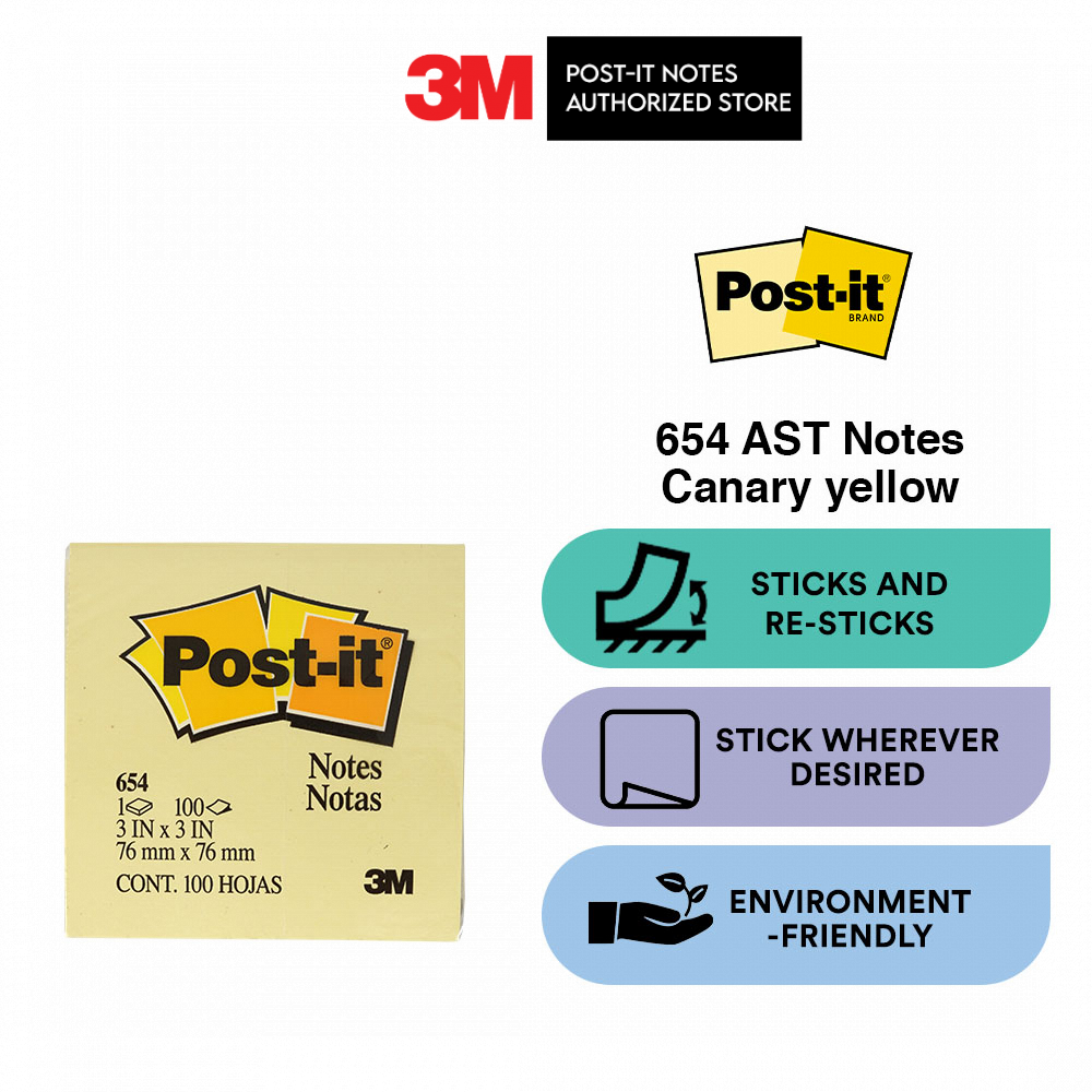 3M Post-it® Notes, 3in x 3in, 100 sheets 654 Canary Yellow [MP654 ...