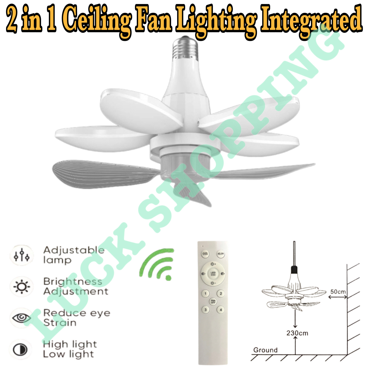 50W Ceiling Light with Fan Remote Control Intelligent LED Light 3 Color ...