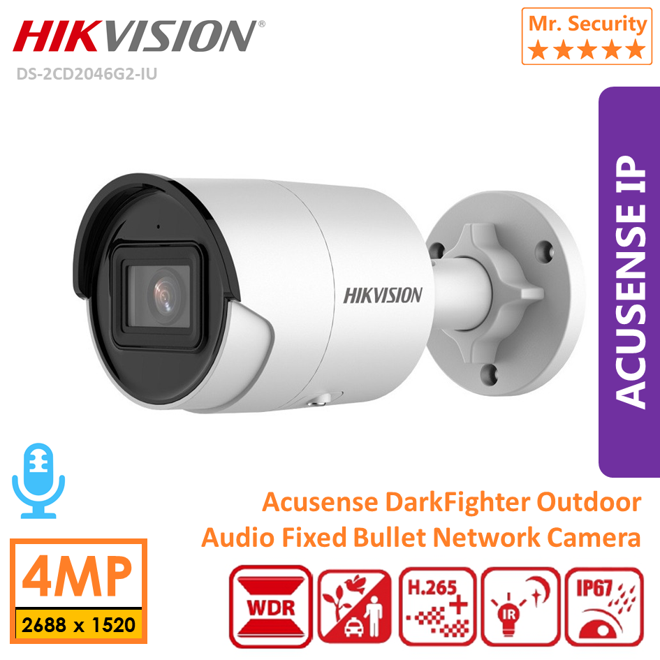 HIKVISION DS-2CD2046G2-IU 4MP IR Acusense PoE Outdoor Audio Fixed Bullet Network IP Camera ...