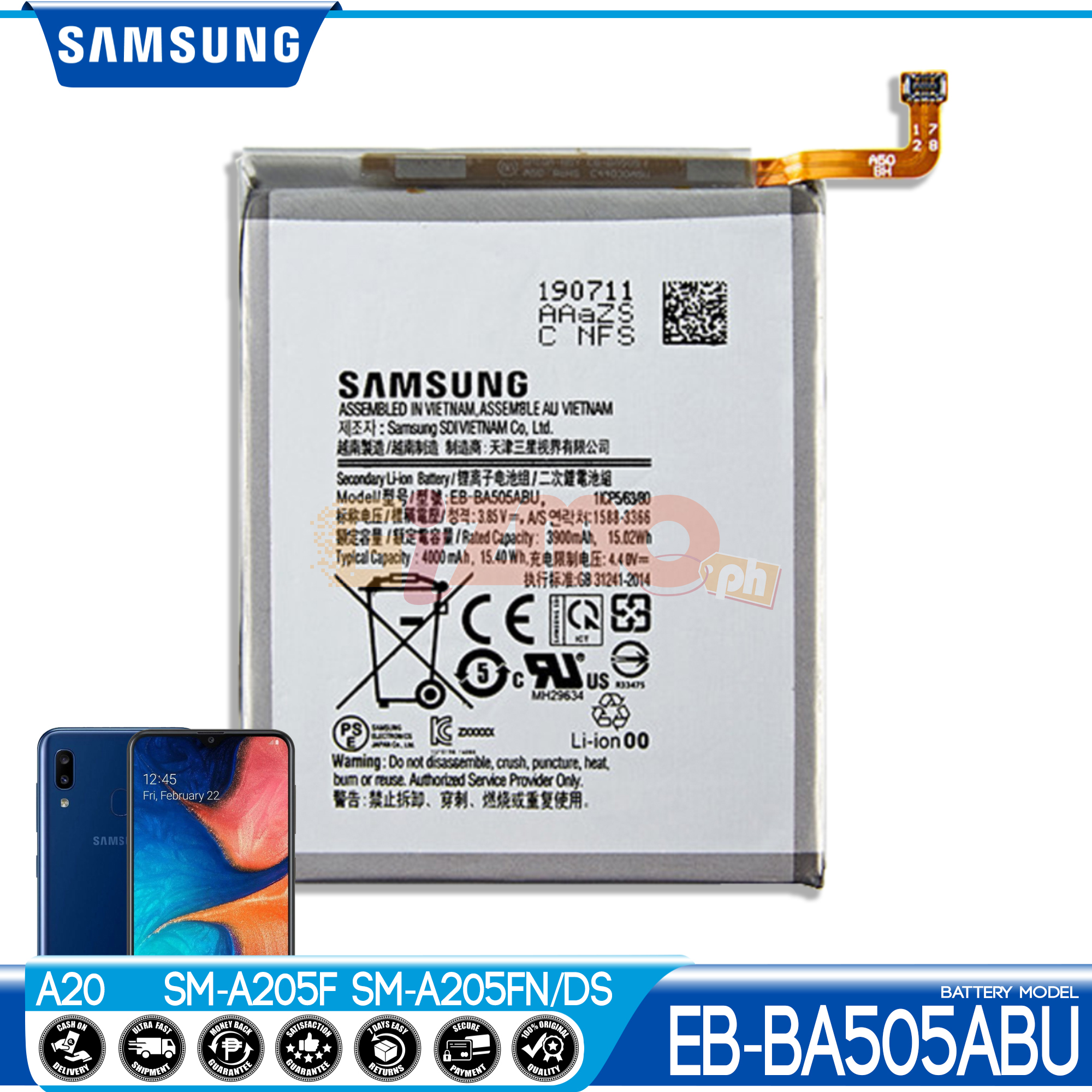 Replacement Samsung Galaxy A20 SM-A205F/DS Battery EBBA505ABU Model Capacity Li-Ion 4000mAh ...