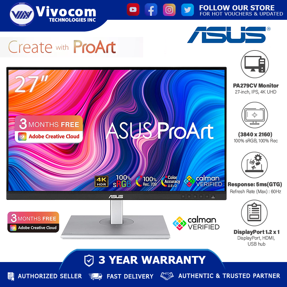 ASUS ProArt Display PA279CV Professional Monitor - 27-inch, IPS, 4K UHD (3840 x 2160), 100% sRGB ...
