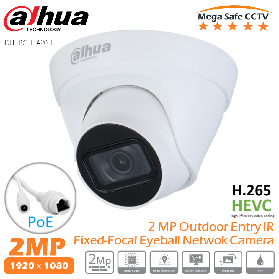 Dahua 2MP IP Camera Outdoor IR PoE Network Camera(DH-IPC-T1A20-E), Fixed-Focal Eyeball Netwok ...