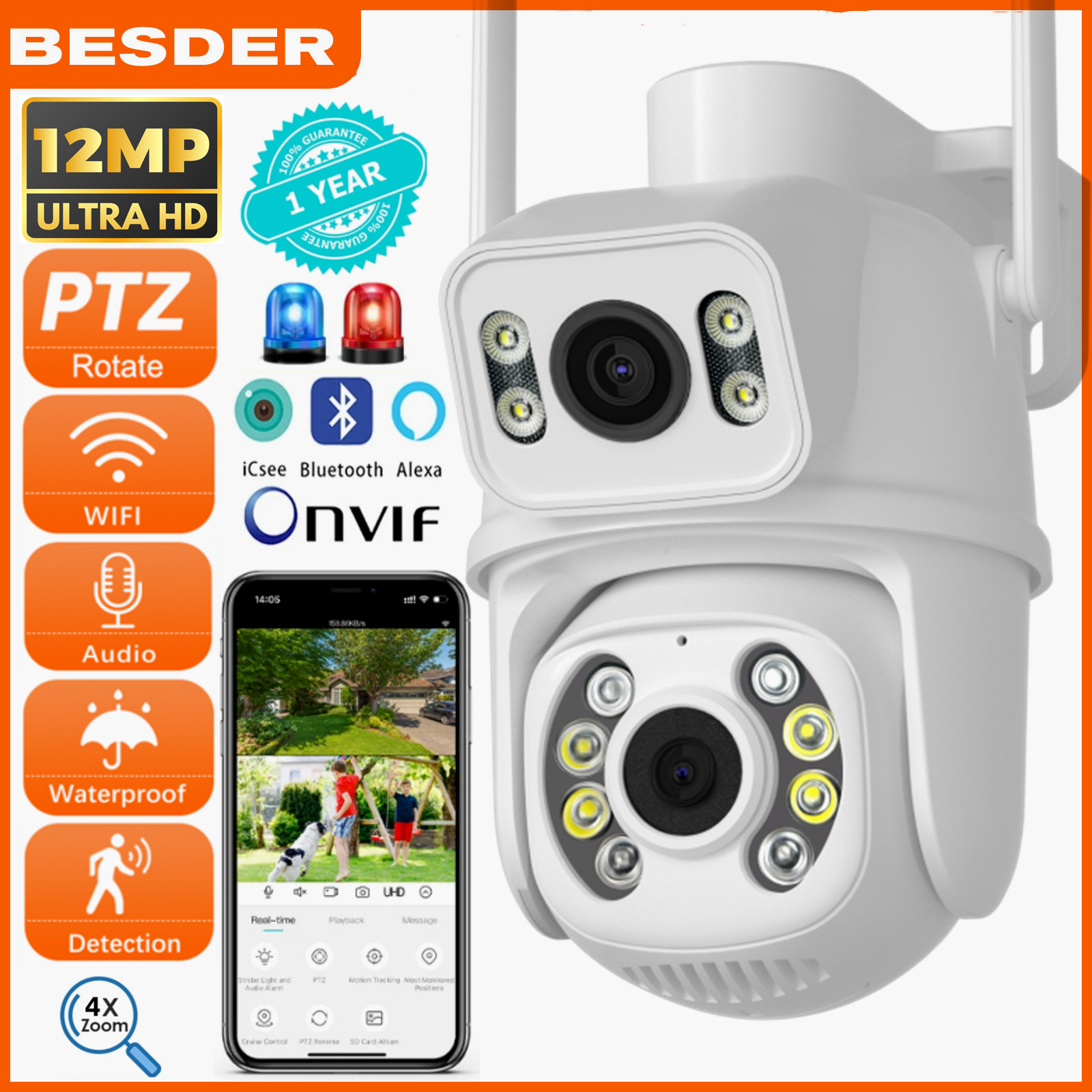 BESDER 12MP 8MP 4K PTZ WiFi Camera Dual Lens With Dual Screen IP Camera ...