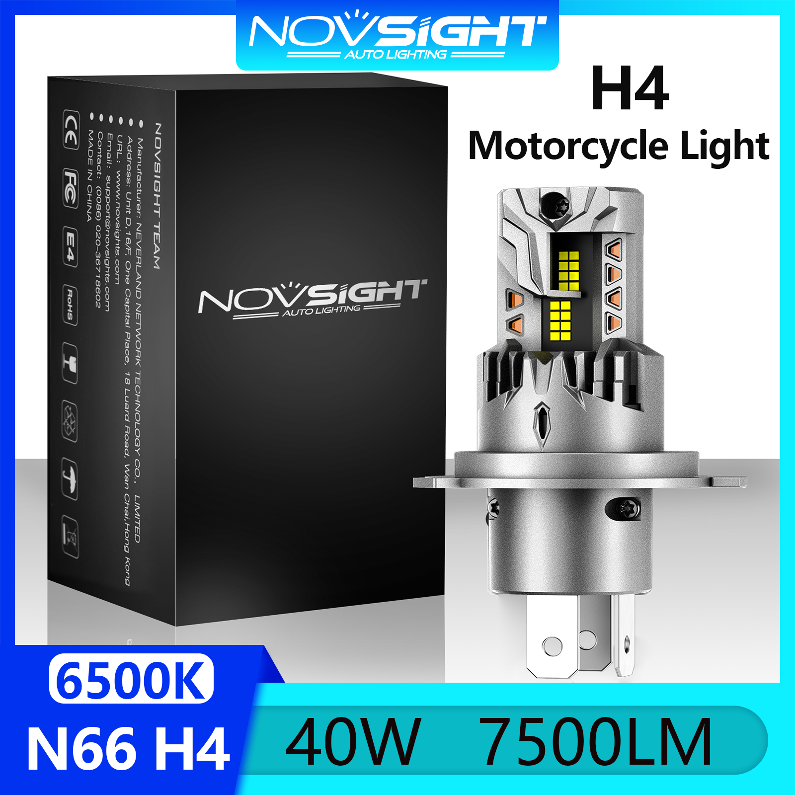 Novsight N66 H4 LED Motorcycle Light 40W 7500LM 6500K Super Bright High ...