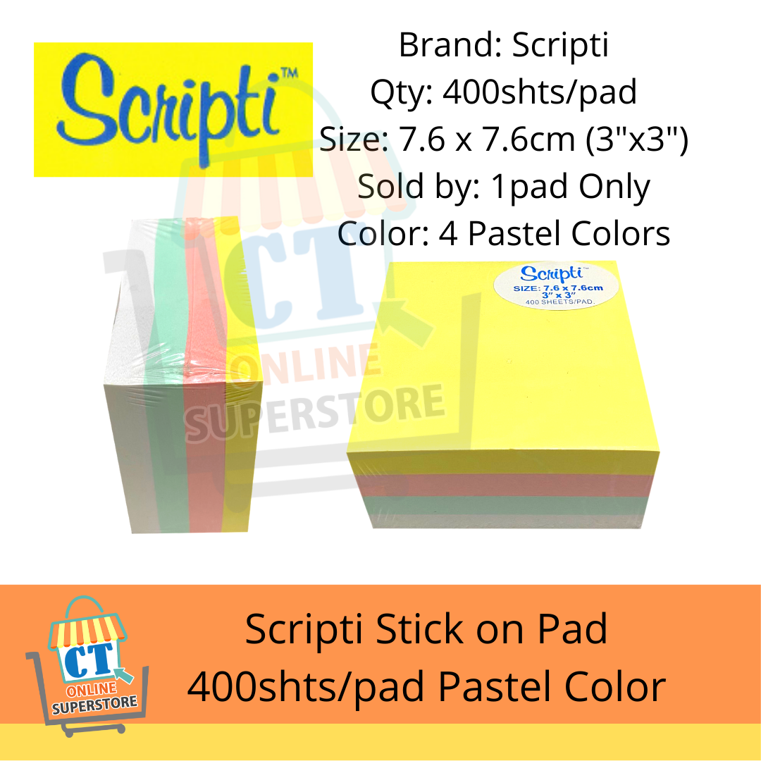 30308 SCRIPTI Stick On Pad (3x3) 76 x 76mm 4 Pastel Color Yellow Pink ...
