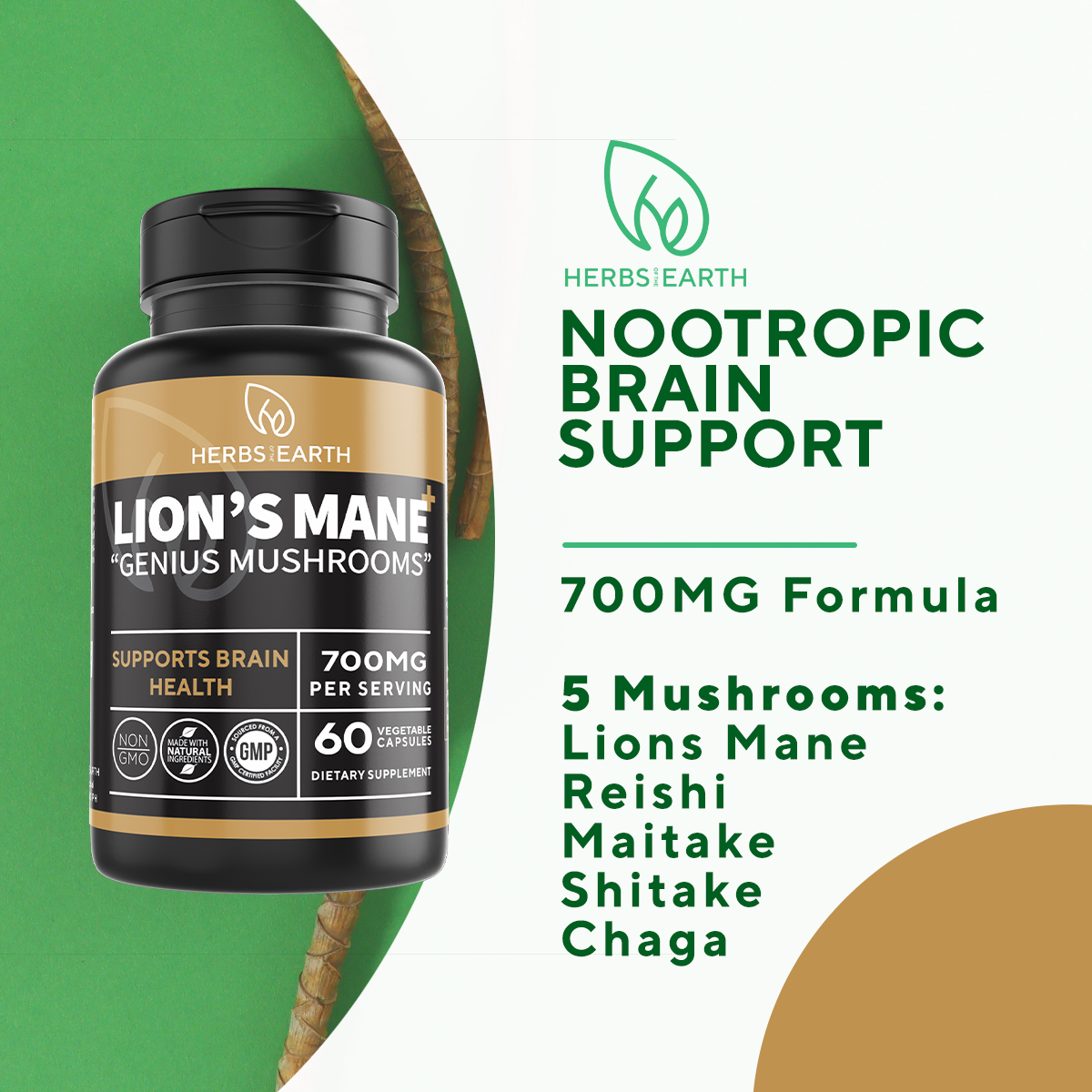Lions Mane + 700mg 60 Capsules Chaga, Reishi, Maitake, Shiitake Genius ...