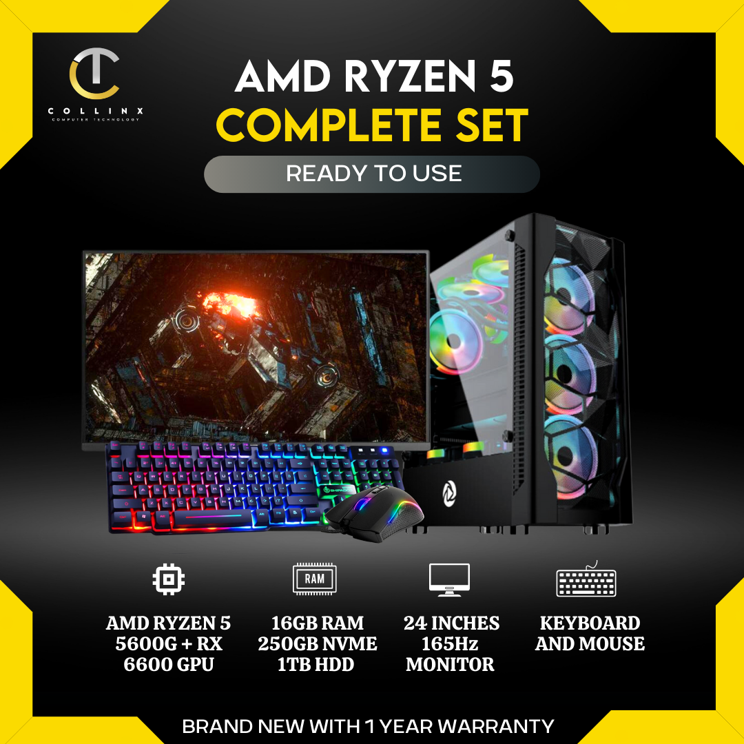 [ Gaming PC Set ] AMD RYZEN 5 5600G | RX 6600 | 24 Inches 165Hz Monitor | Ready to Use | CPU ...