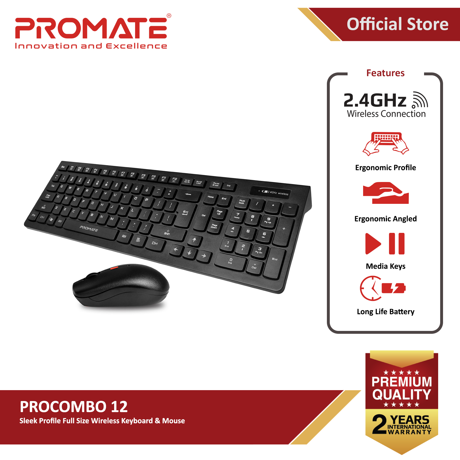Promate Procombo-12 Sleek Profile Full Size Wireless Keyboard & Mouse ...