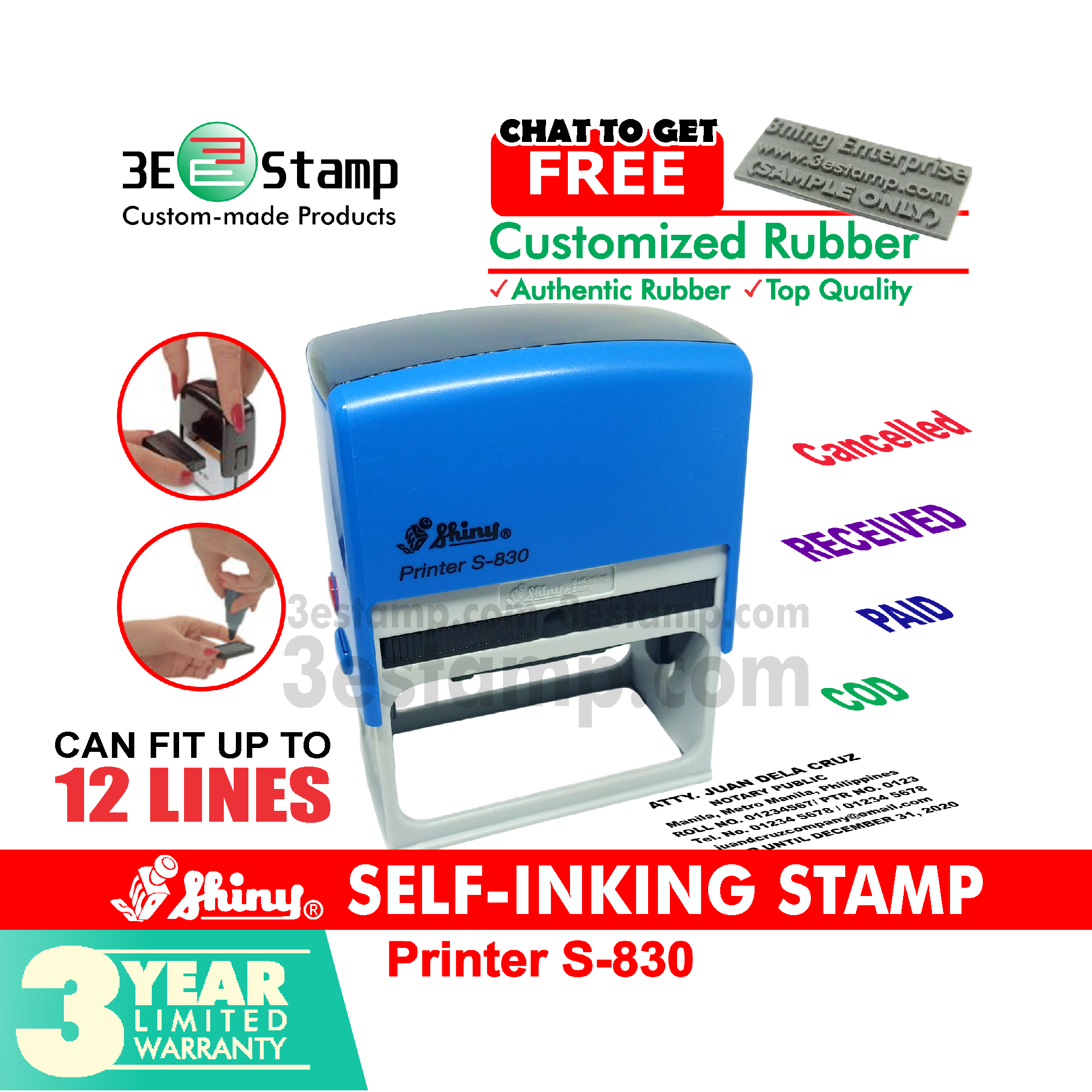 【3E Stamp】 Shiny 830 / S830 / S-830 Self inking Heavy Duty Stamp for Customized Notary Stamp ...
