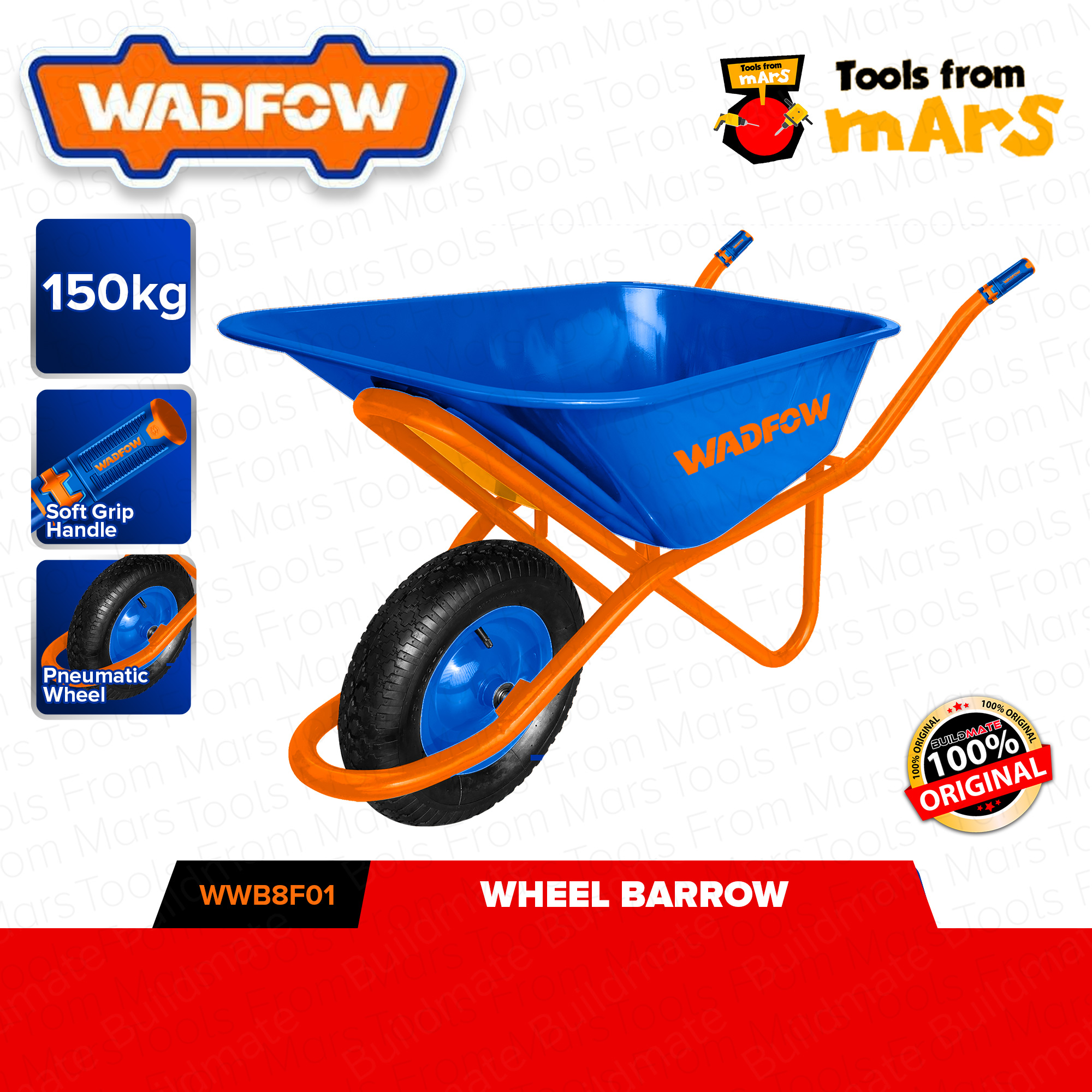 WADFOW Wheel Barrow 150KG Pneumatic Wheel Garden Cart Wheelbarrow Heavy ...